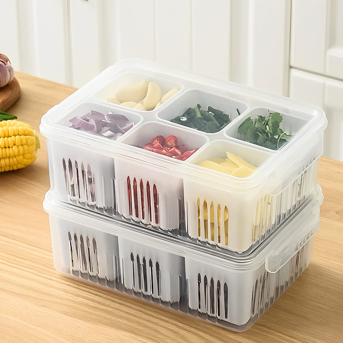 Food Storage Containers with Lids Airtight, Scallion Preservation Box Fridge Fresh-Keeping Container, 6 Grids Draining Crisper Portable Divided Fruit Storage Container Ginger Storage Basket for