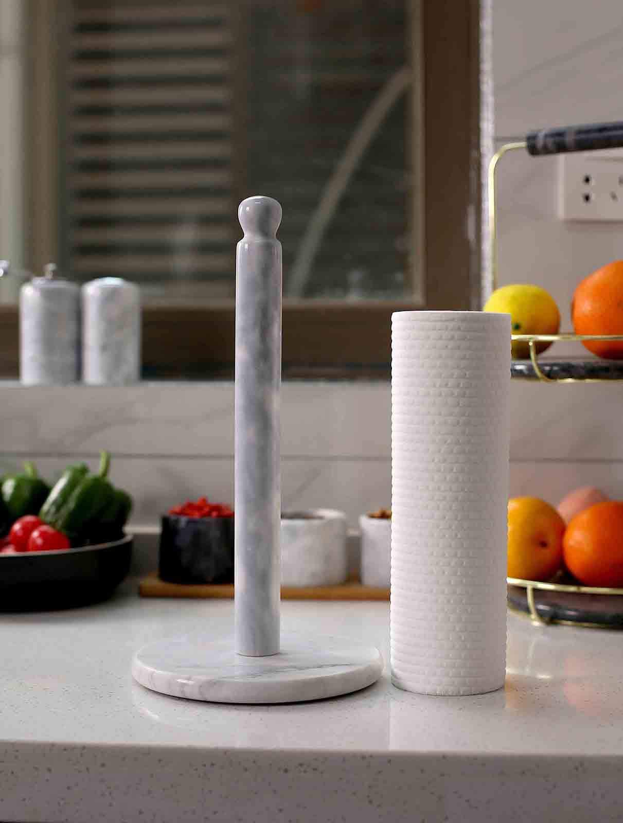 Homicoker Natural Marble Paper Towel Holder Polished, Natural Marble Upright Paper Holder Kitchen Towel Dispenser, Cloudy Grey Color