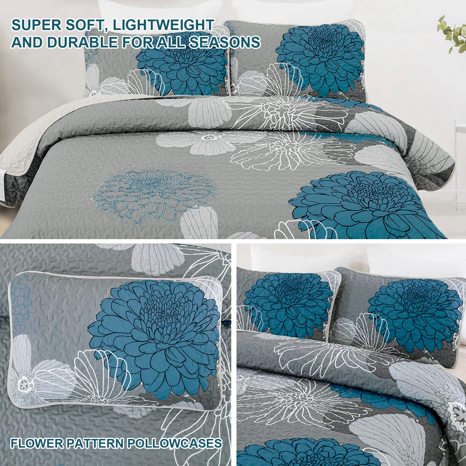 Floral Quilt Set Queen Blue Boho Bedspread 3 Pieces Soft Lightweight Coverlet with 2 Pillow Shams for All Season 96"x90"