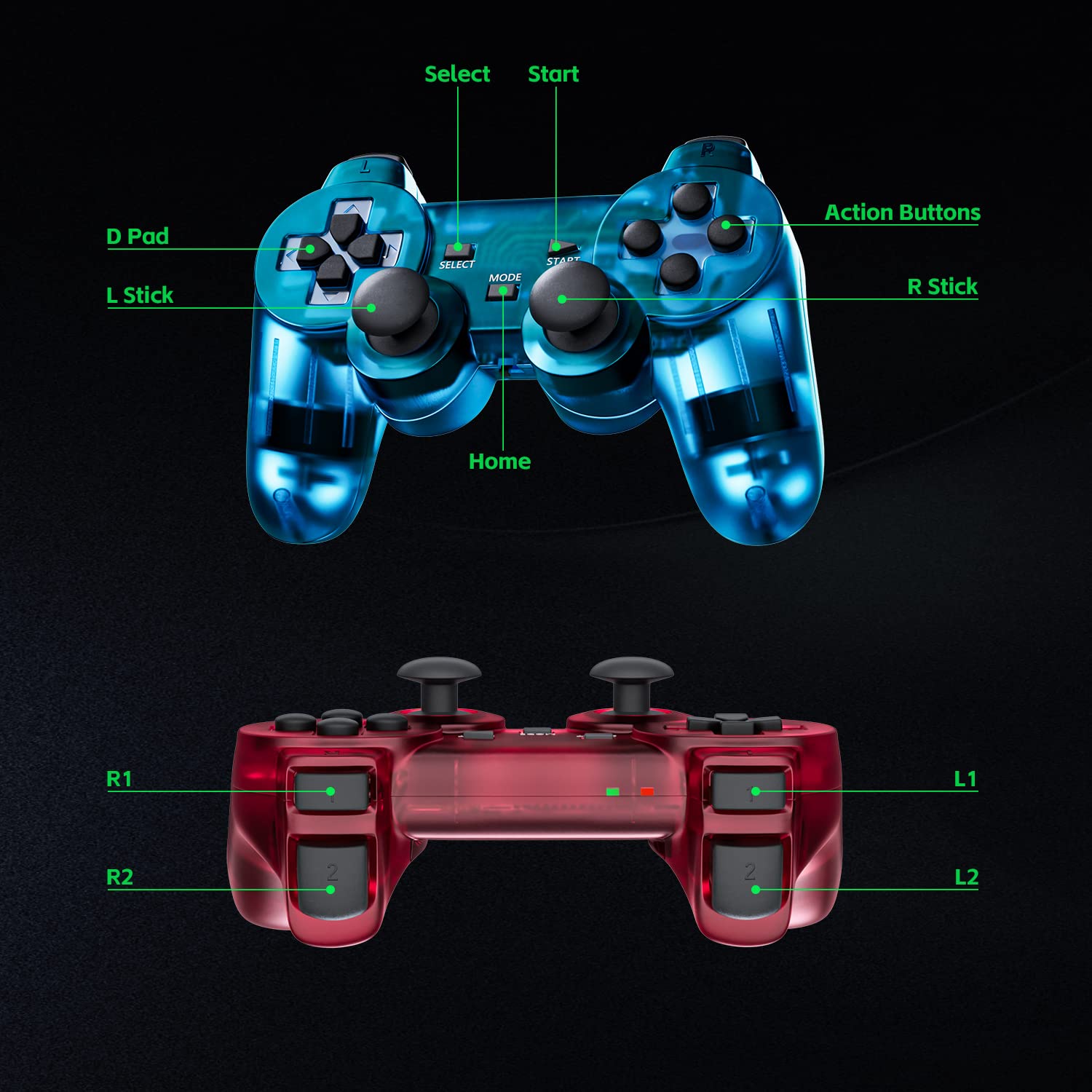 Wireless Controller for PS2 Play Station 2 Dual Vibration 2 (Blue Red Green Purple)