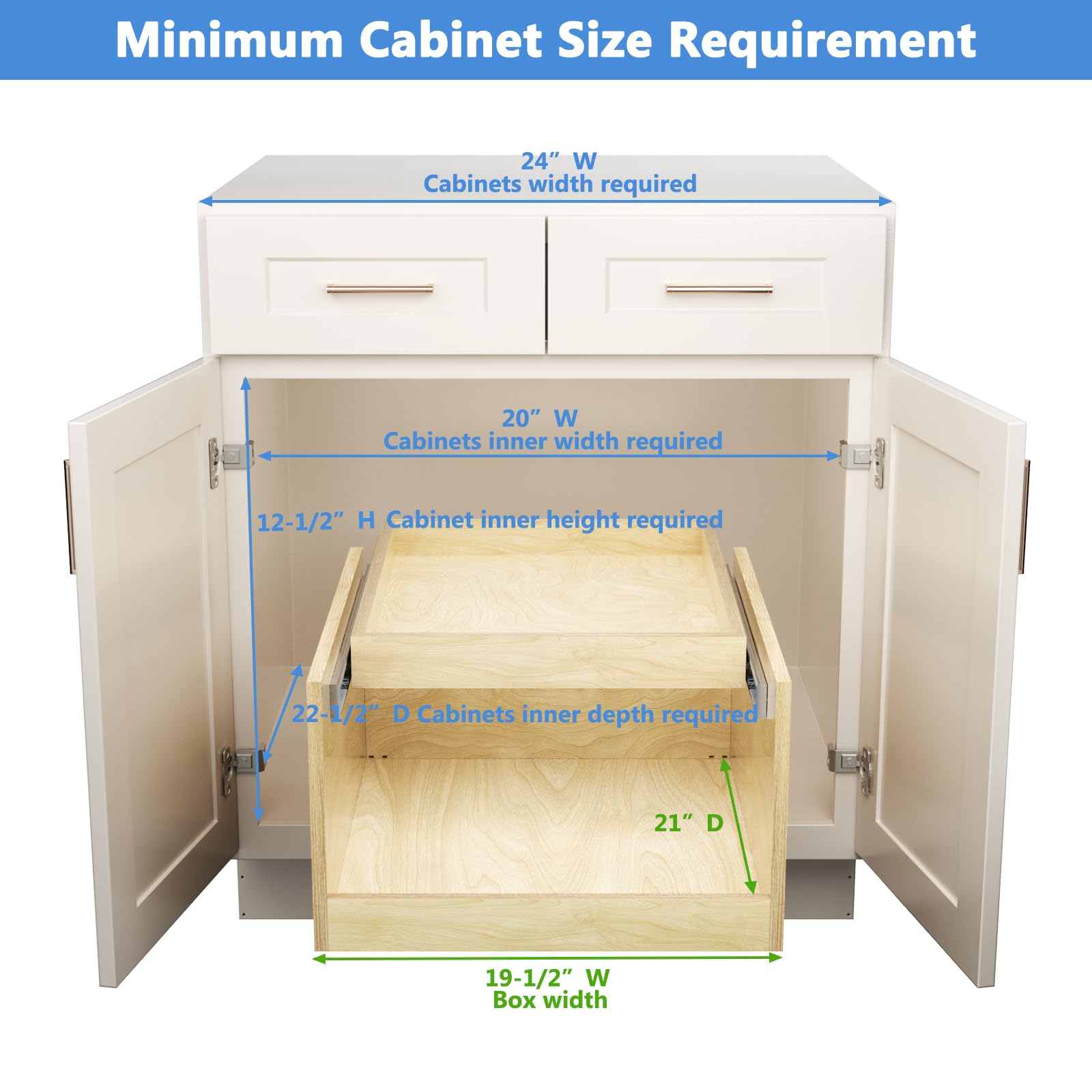 LOVMOR Retractable Double-Drawer Pull Out Cabinet Organizer 19½” W x 21” D Soft Close Cabinet Drawers Slide Out with Full Extension Rail Slides Cabinet Pull Out Shelves for kitchen Cabinets
