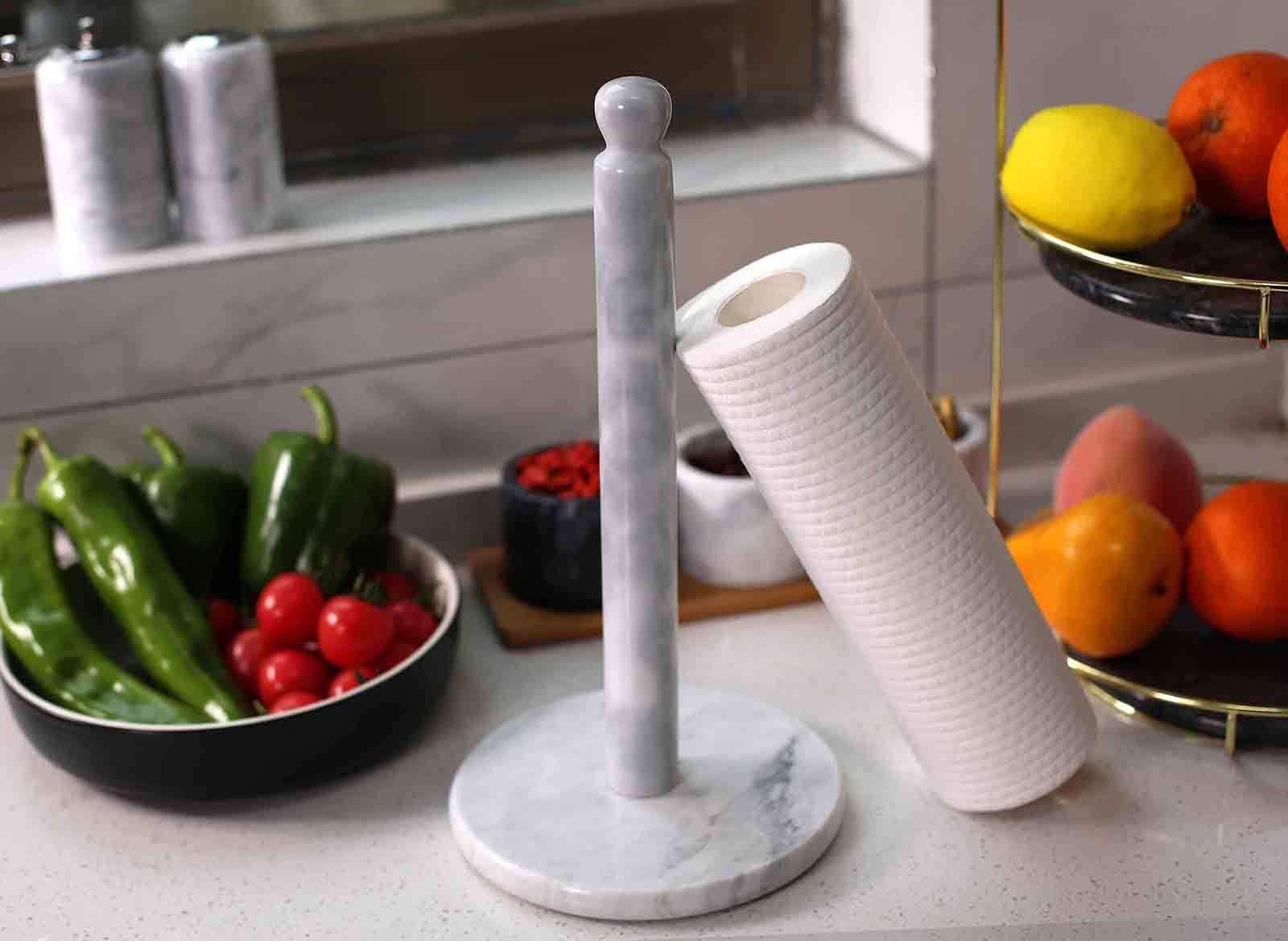 Homicoker Natural Marble Paper Towel Holder Polished, Natural Marble Upright Paper Holder Kitchen Towel Dispenser, Cloudy Grey Color