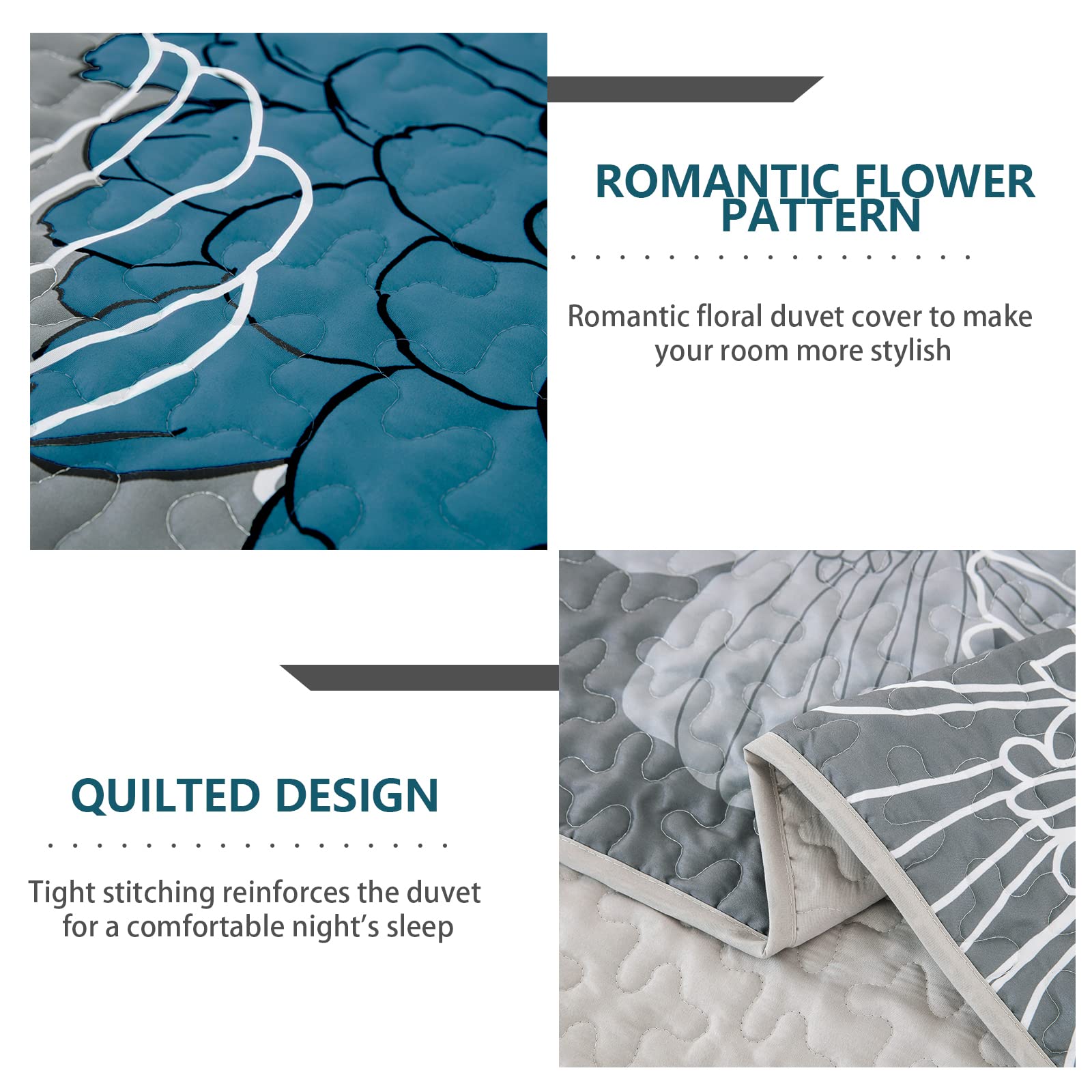Floral Quilt Set Queen Blue Boho Bedspread 3 Pieces Soft Lightweight Coverlet with 2 Pillow Shams for All Season 96"x90"