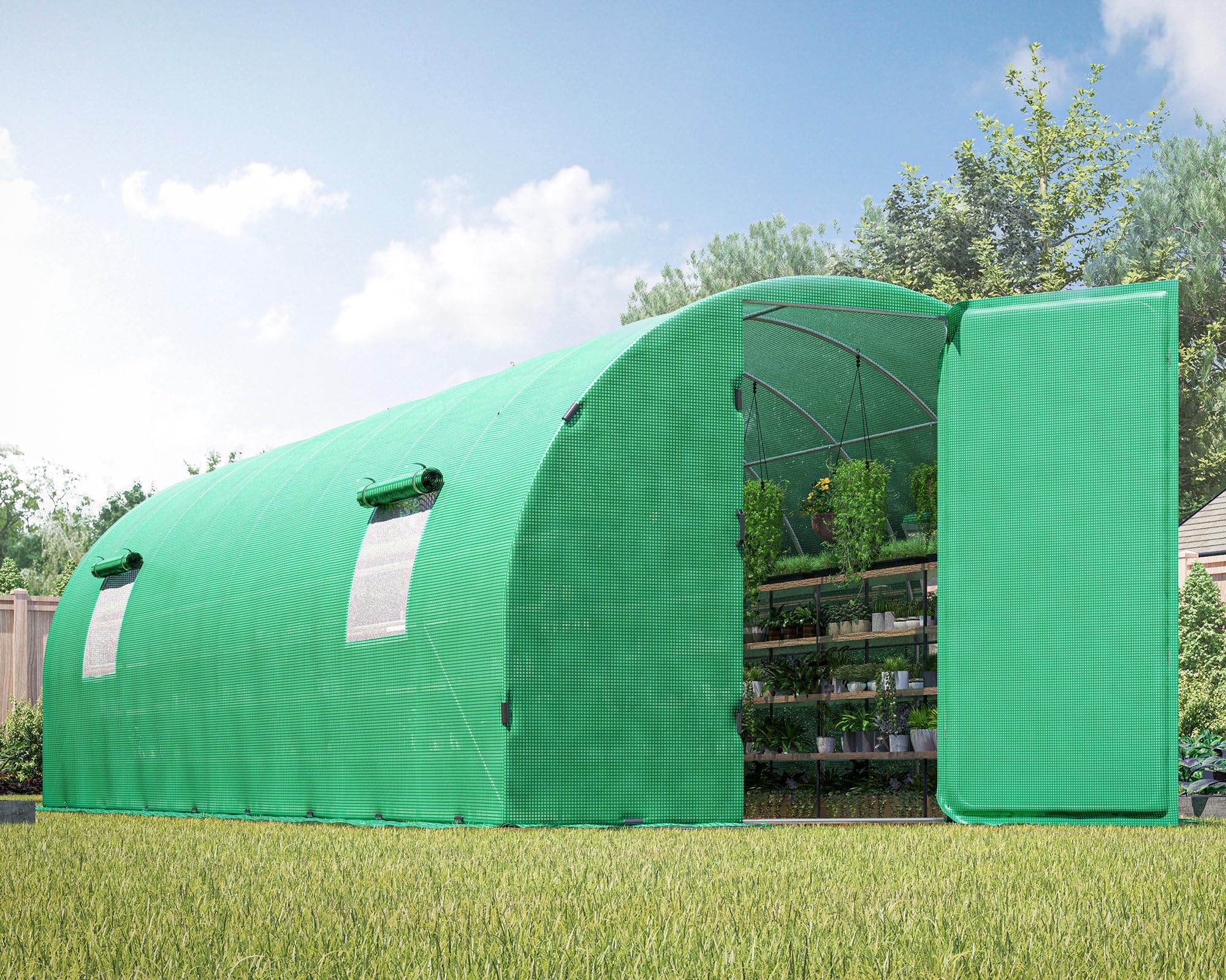 Papababe 28x10x7.5 FT Extra high Large Walk-in Greenhouse for Outdoors, Upgraded Swing Door, Heavy Duty Galvanized Steel Frame Tunnel Greenhouse kit, Reinforced PE Cover & Film Clips, Green