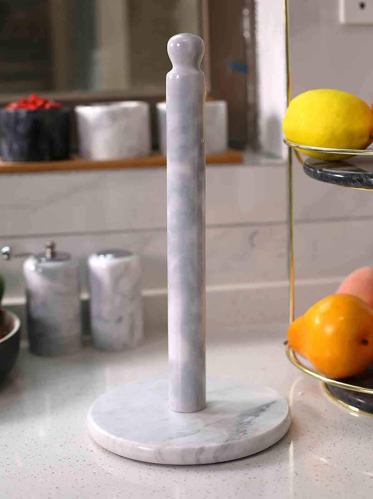 Homicoker Natural Marble Paper Towel Holder Polished, Natural Marble Upright Paper Holder Kitchen Towel Dispenser, Cloudy Grey Color
