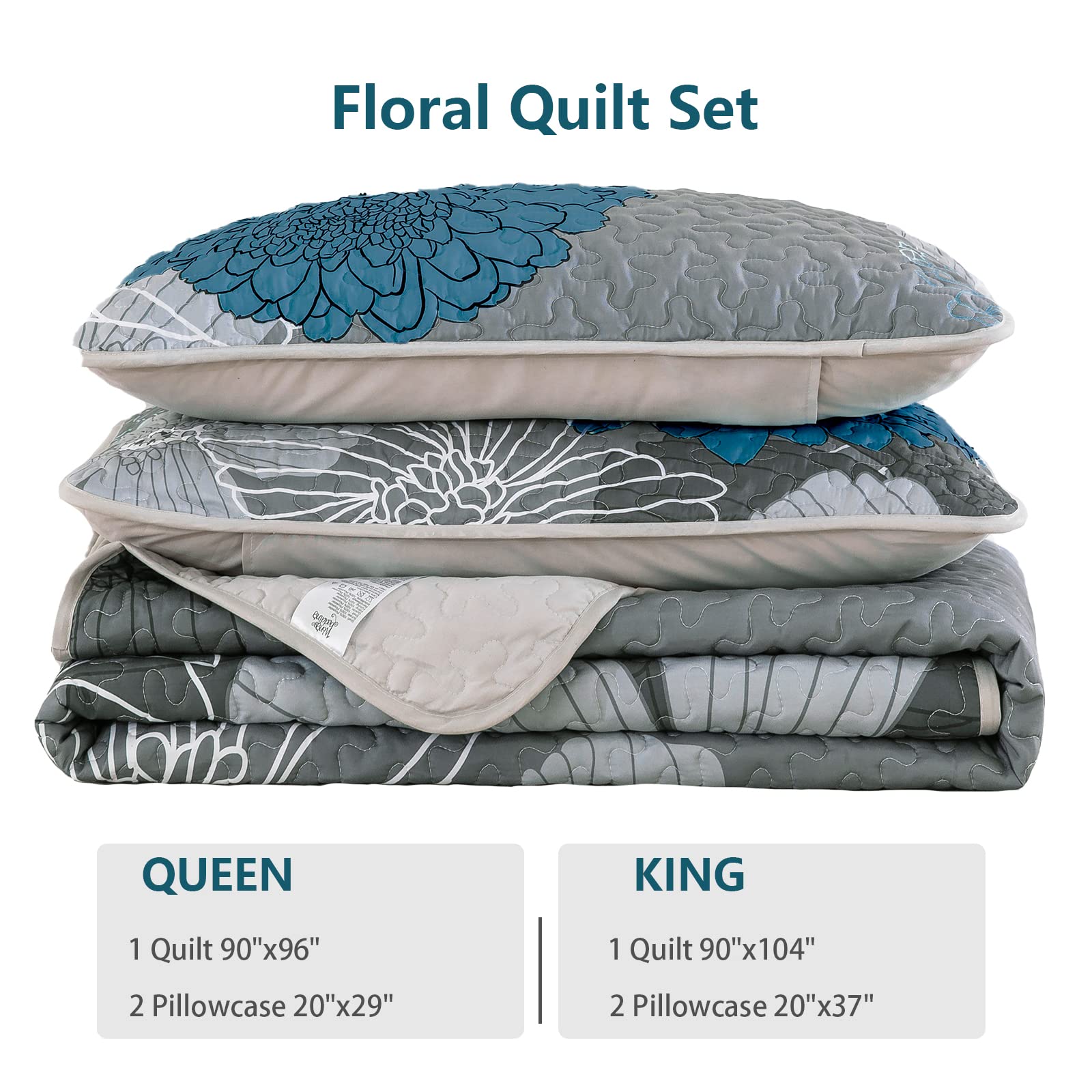 Floral Quilt Set Queen Blue Boho Bedspread 3 Pieces Soft Lightweight Coverlet with 2 Pillow Shams for All Season 96"x90"