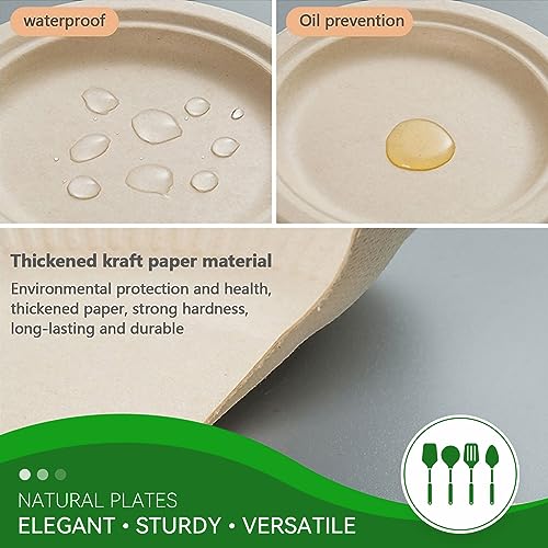 Amozife 100% Compostable 7 Inch Paper Plates, 125 Count Disposable Eco-Friendly Brown Dinner Plates, Biodegradable Heavy Duty Plates for Parties, Weddings, Catering, Events