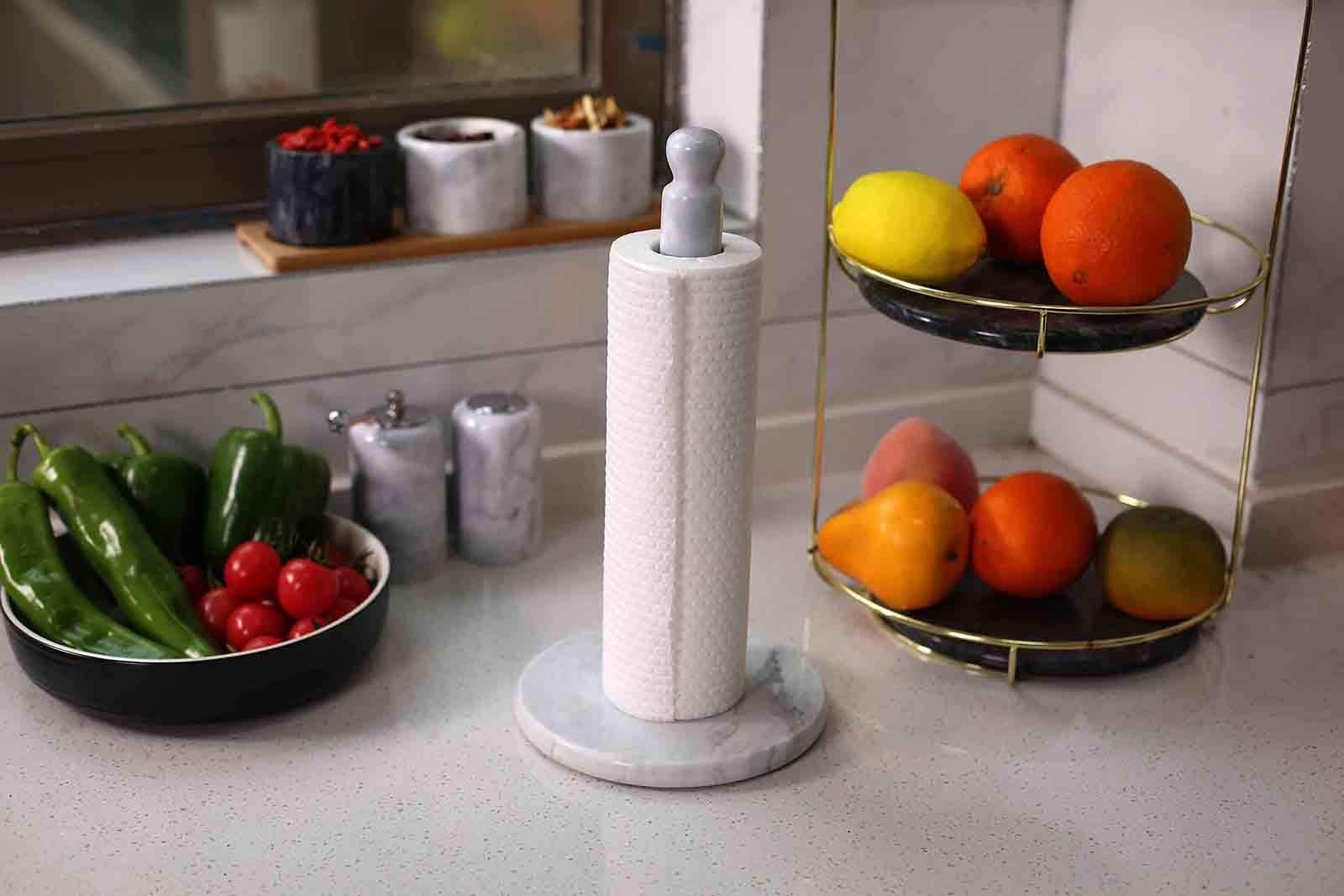 Homicoker Natural Marble Paper Towel Holder Polished, Natural Marble Upright Paper Holder Kitchen Towel Dispenser, Cloudy Grey Color