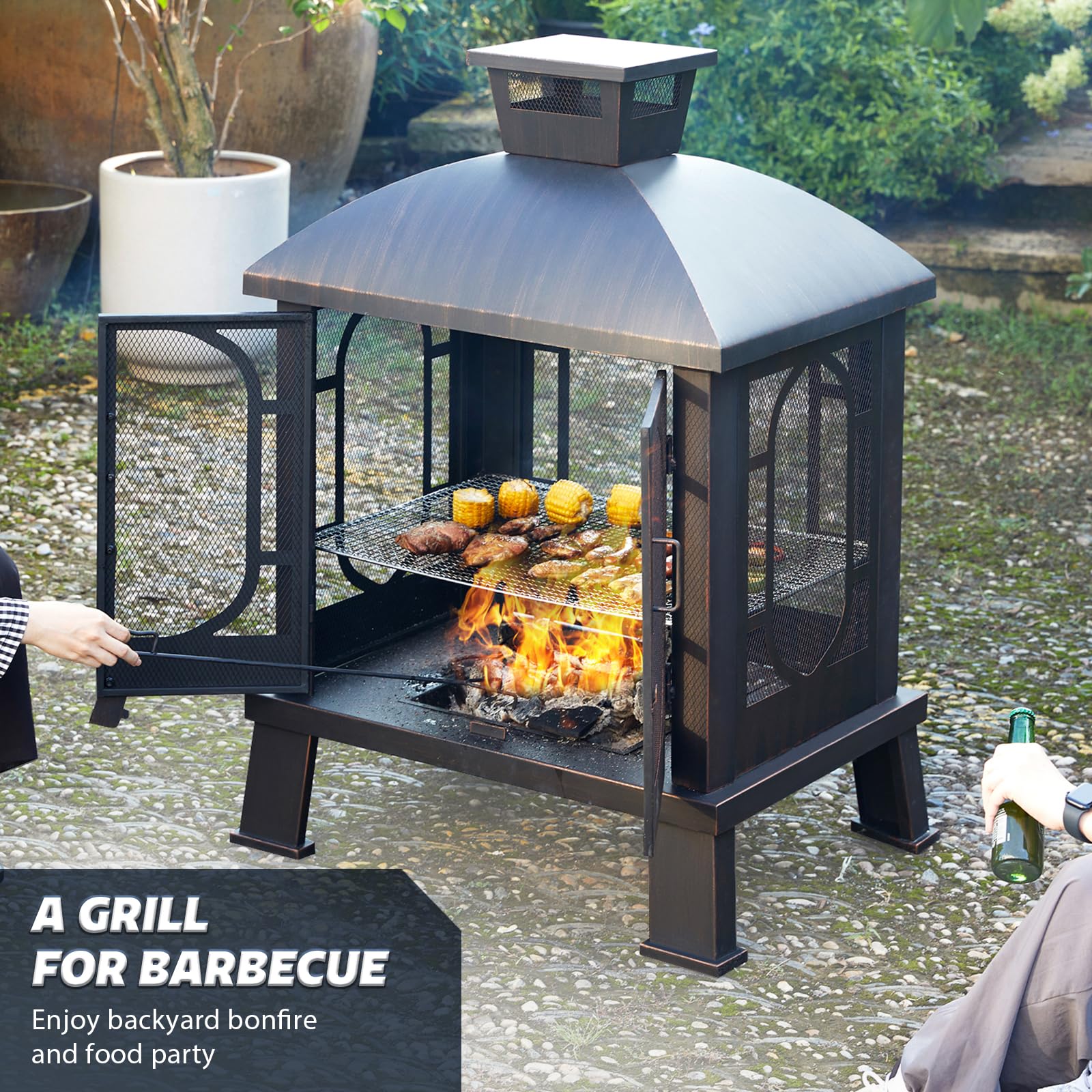 PAPABABE 45" Fire Pit Pagoda, Wood Burning Chimney Firepit with Grill Grate Outside for Garden Backyard BBQ Bonfire