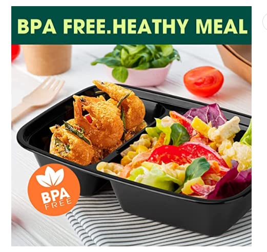 Meal Prep Container with Lids, 50 Pack Divided Food Storage Containers Microwave Safe 2 Compartment Disposable Bento Box Reusable To-go Container Plastic Bento Lunch Box (33 oz)