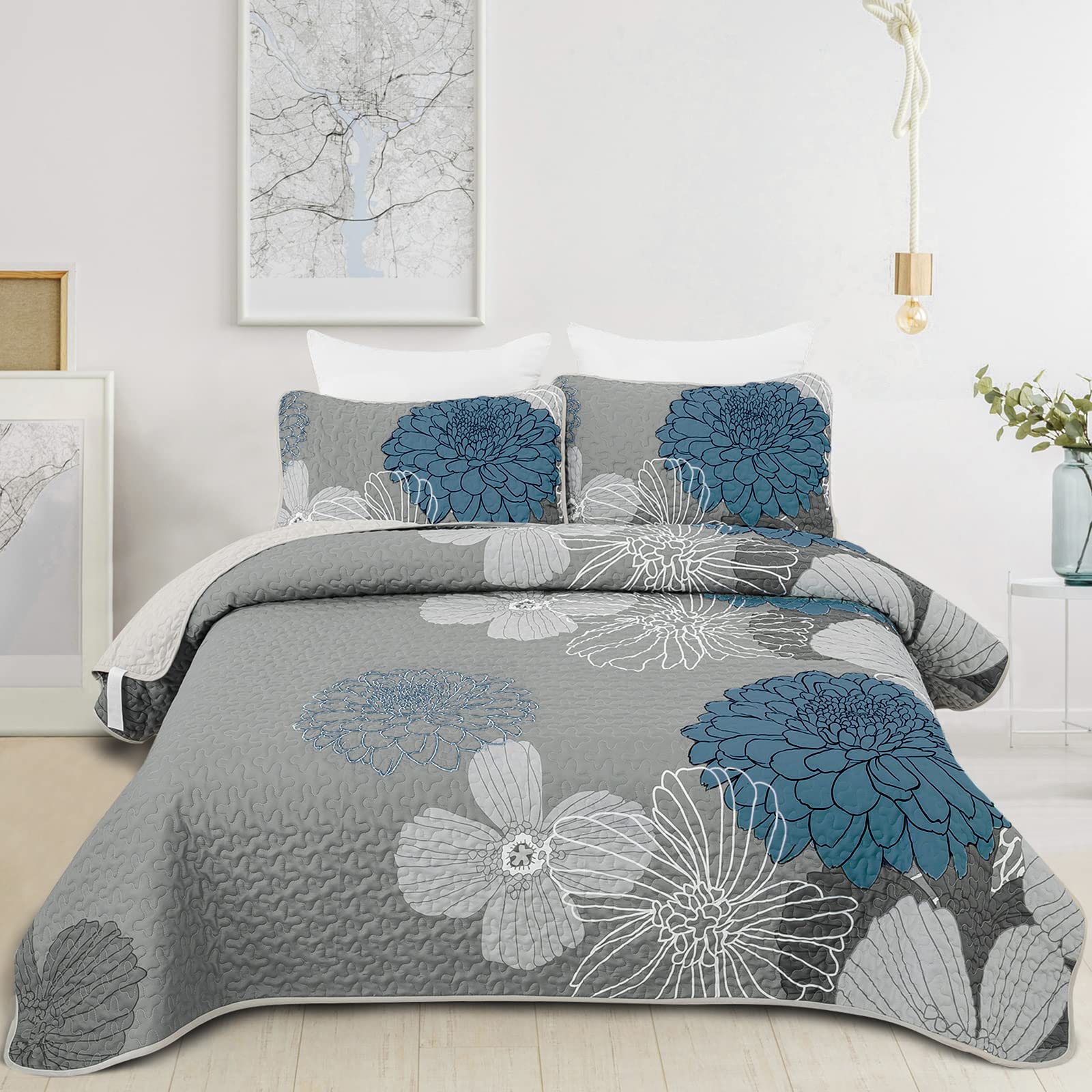 Floral Quilt Set Queen Blue Boho Bedspread 3 Pieces Soft Lightweight Coverlet with 2 Pillow Shams for All Season 96"x90"