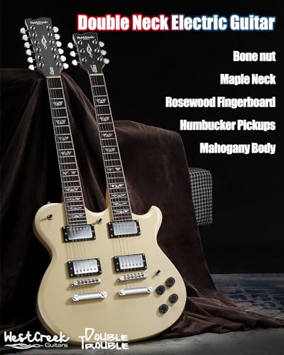 WestCreek DOUBLE TROUBLE Electric Guitar Double Neck 12 String & 6 String Guitar, Rosewood Fretboard and Mahogany Body (White)