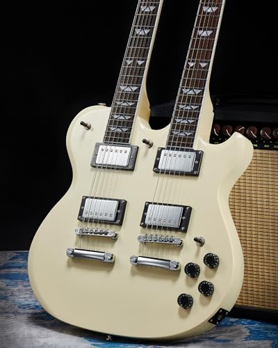 WestCreek DOUBLE TROUBLE Electric Guitar Double Neck 12 String & 6 String Guitar, Rosewood Fretboard and Mahogany Body (White)
