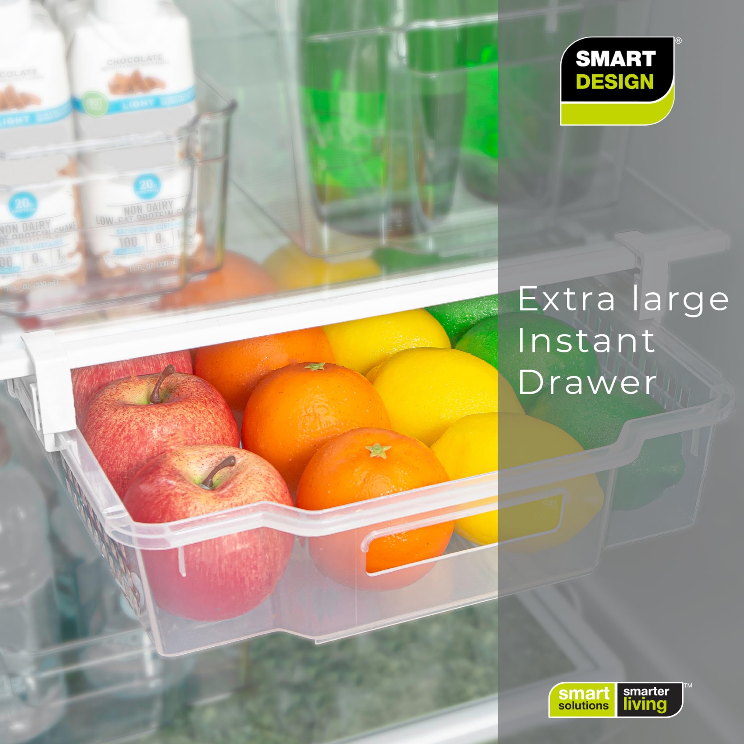 Smart Design Adjustable Pull Out Refrigerator Drawer - Extra Large - BPA Free Plastic - Holds 20 lbs - Extendable Sliding Fridge Bin, Freezer, Pantry Food Holder Storage Organizer - Kitchen - Clear