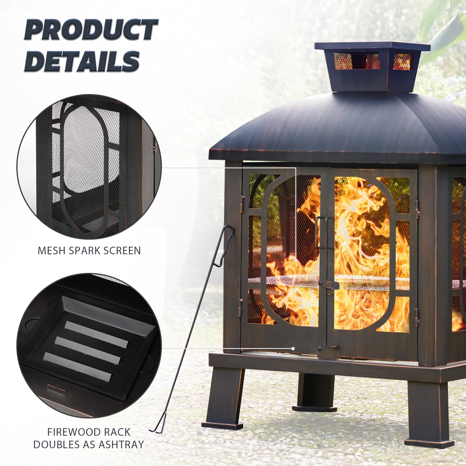 PAPABABE 45" Fire Pit Pagoda, Wood Burning Chimney Firepit with Grill Grate Outside for Garden Backyard BBQ Bonfire