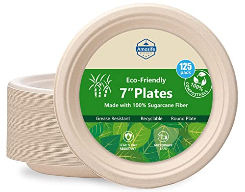 Amozife 100% Compostable 7 Inch Paper Plates, 125 Count Disposable Eco-Friendly Brown Dinner Plates, Biodegradable Heavy Duty Plates for Parties, Weddings, Catering, Events