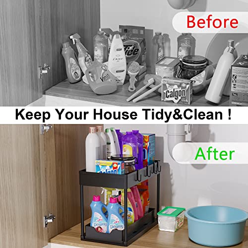 Under Sink Organizers and Storage - Adjustable Height Sliding 2-Tier Pull Out Drawer Rack Multi-Purpose Under Sink Shelf Organizer for Kitchen Bathroom Under Counter Cabinet Storage (Dark Black-2pcs)