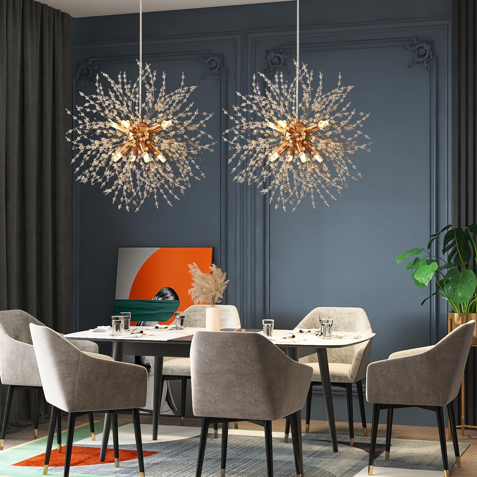 HOXIYA Modern Crystal Chandeliers Firework, Plug in Dandelion Chandelier, Gold Sputnik Pendant Light for Bedroom Foyer Hallway Entryway Kitchen, 8 Light Firework Dandelion Chandelier, G9 Socket