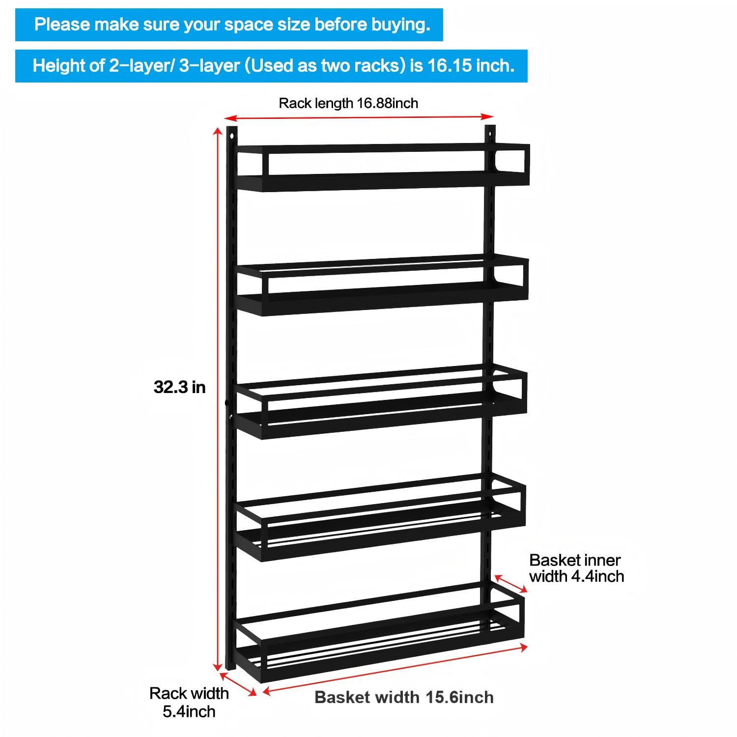X-cosrack Wall Mount Spice Rack Organizer 5 Tier Height-Adjustable Hanging Spice Shelf Storage for Kitchen Pantry Cabinet Door, Dual-Use Seasoning Holder Rack with Hooks, Black-Patented