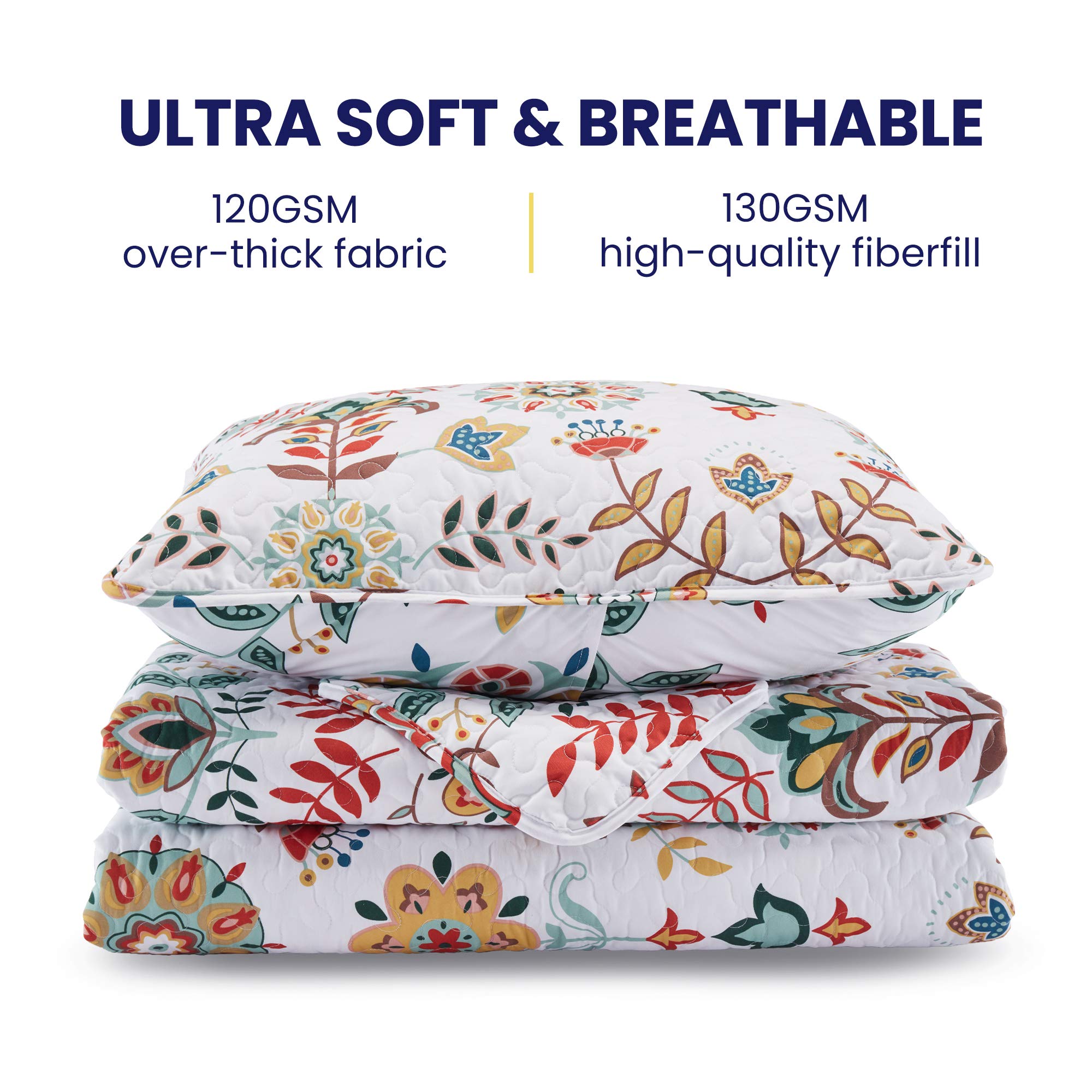 SLEEP ZONE 3-Piece Printed Quilt Set - Full/Queen Size - Lightweight Reversible Bedding Coverlet Set for All Season (Classic Floral Pattern), Full/Queen (90x96 inch | 2 Pillow Shams)