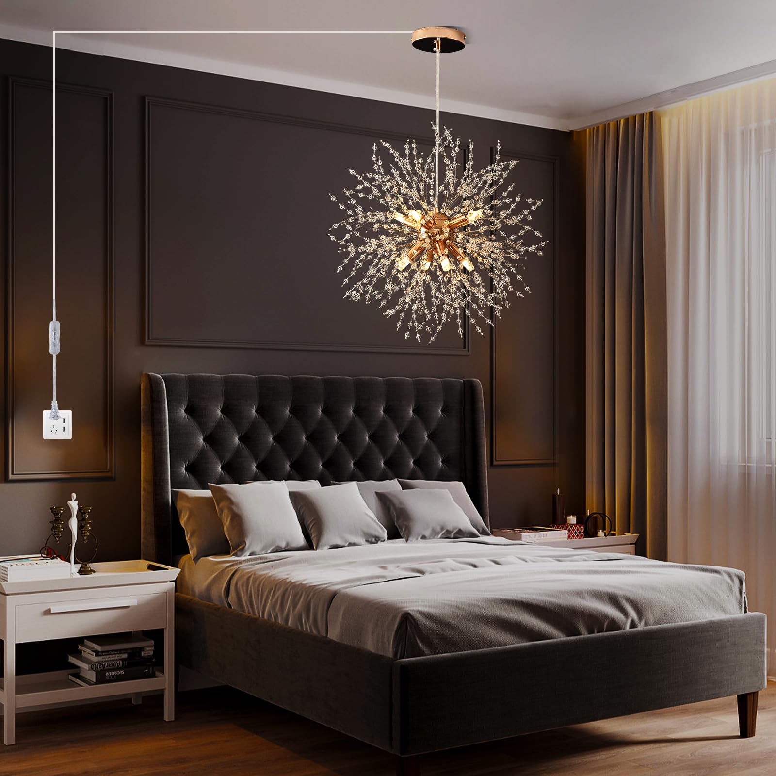 HOXIYA Modern Crystal Chandeliers Firework, Plug in Dandelion Chandelier, Gold Sputnik Pendant Light for Bedroom Foyer Hallway Entryway Kitchen, 8 Light Firework Dandelion Chandelier, G9 Socket