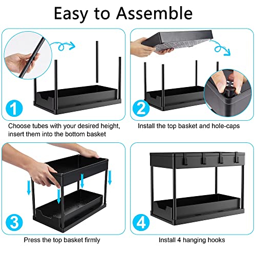 Under Sink Organizers and Storage - Adjustable Height Sliding 2-Tier Pull Out Drawer Rack Multi-Purpose Under Sink Shelf Organizer for Kitchen Bathroom Under Counter Cabinet Storage (Dark Black-2pcs)