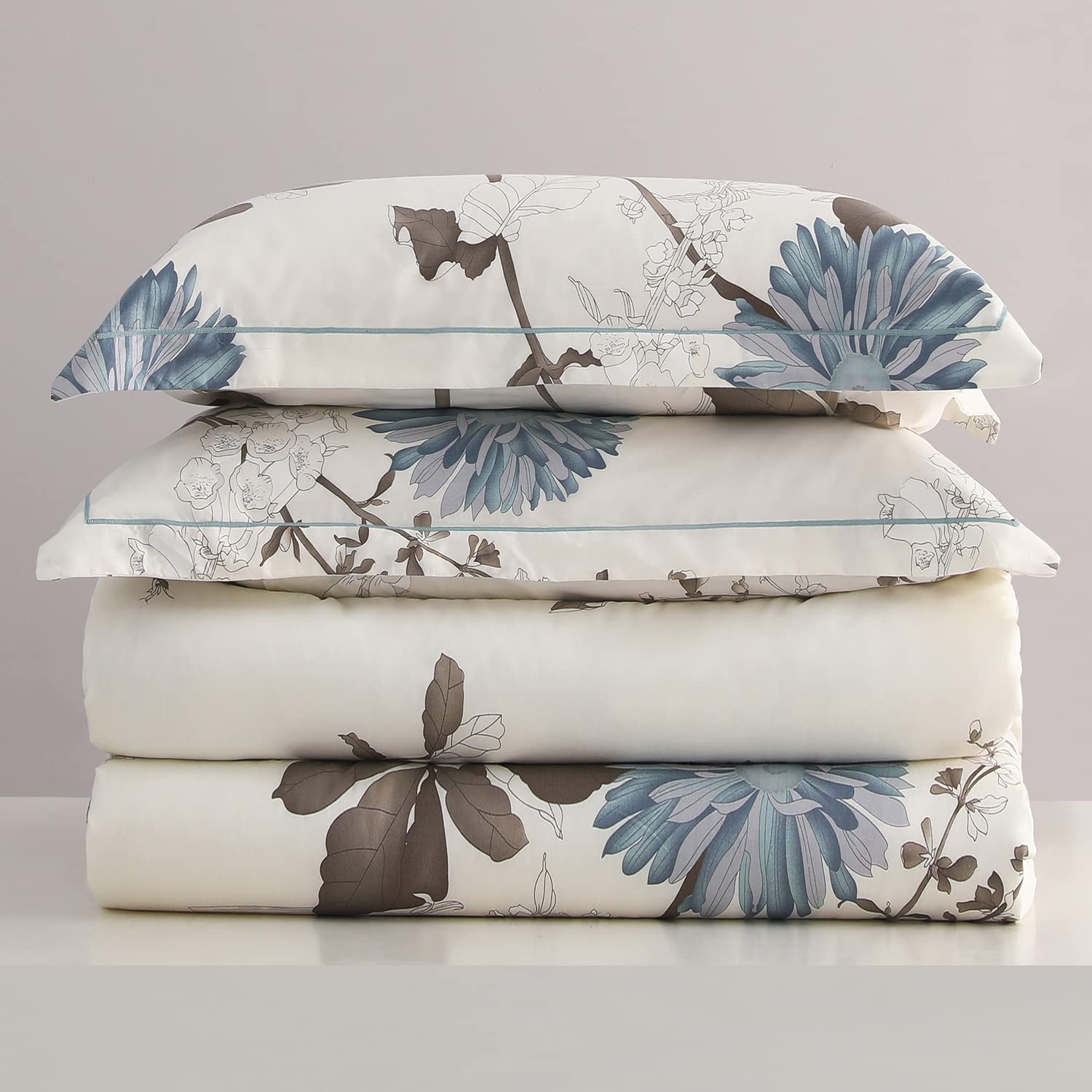 SLEEPBELLA Comforter King Size, 600 Thread Count Cotton Brown Branches and Blue Flowers Off-White Comforter Sets, Down Alternative Bedding Set 3Pcs(King, Off-White Botanical)