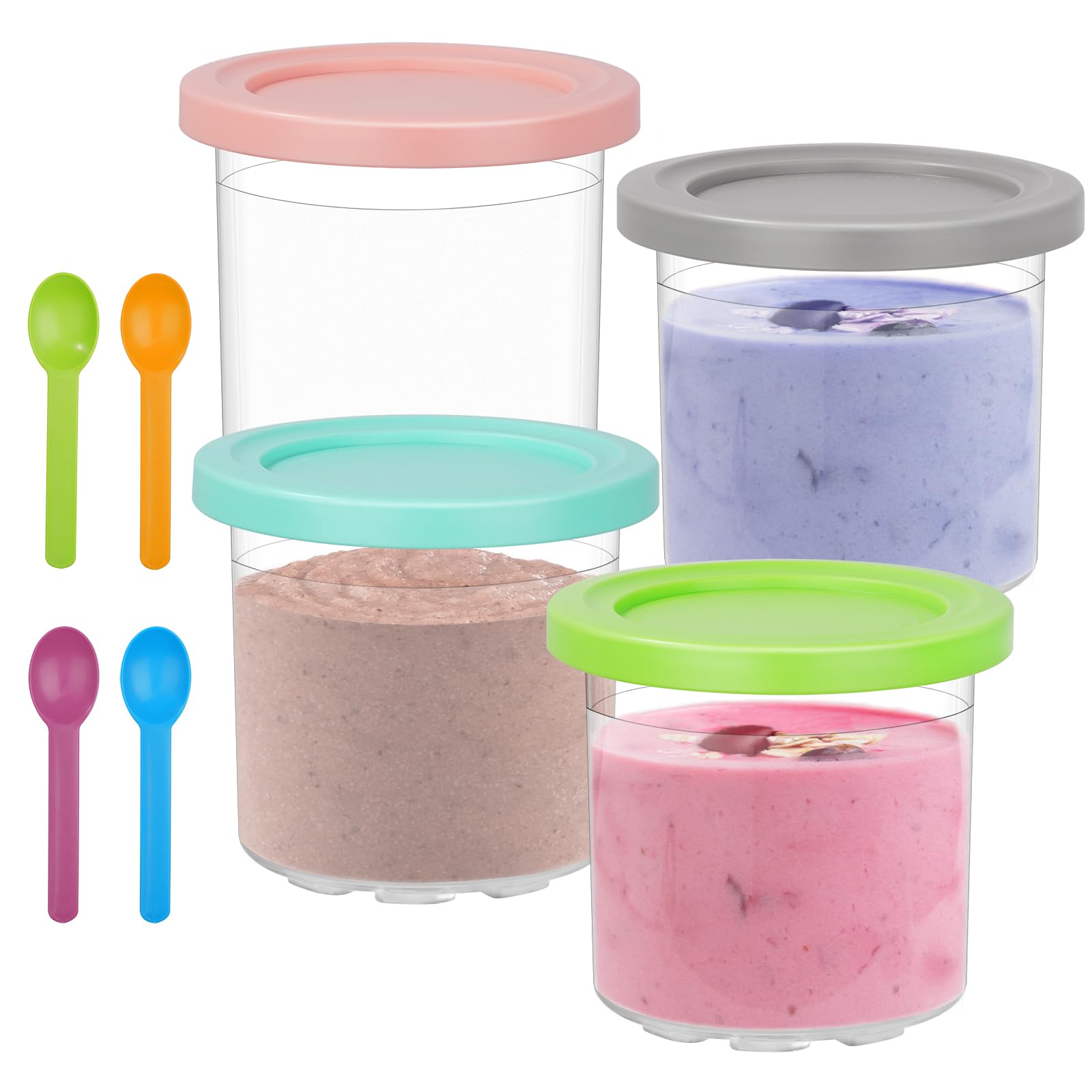 Widousy 4 Pcs Ice Cream Pints Cup, Creami Pints with Lids, Compatible with NC300, NC301 AMZ Series Ice Cream Makers, Color Lids (Blue, Pink, Green, Grey