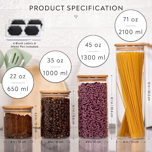 Laramaid Glass Jar Set (3x22oz/3x35oz) Set of 6 with 160 Minimalist Pantry Labels, Round Canister Jars with Bamboo Lids and Transparent Customized Sticker Labels, Food Storage Containers