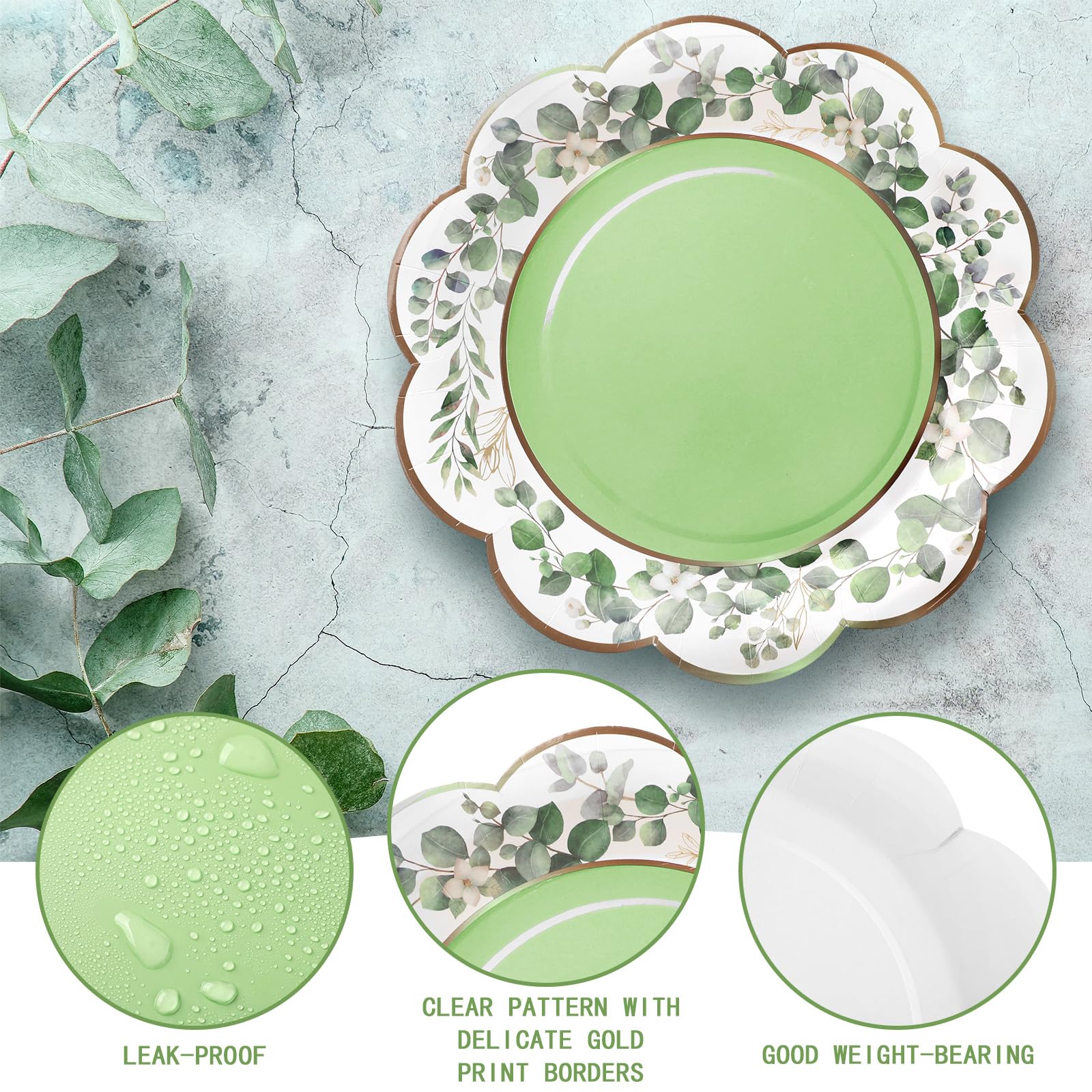 Suttmin Sage Green Paper Plates Sage Green Party Decorations Eucalyptus Disposable Dinner Plates 9 inch Greenery Floral Leaf for Bridal Shower Wedding Birthday(50 Pcs)