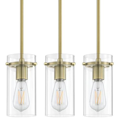 3 Pack 1 Light Indoor Mini Hanging Kitchen Island Modern Industrial Rod Pendant Ceiling Light Fixture,Brushed Bronze Finish Clear Glass Chandelier Shade for Bar Dining Room Over Sink