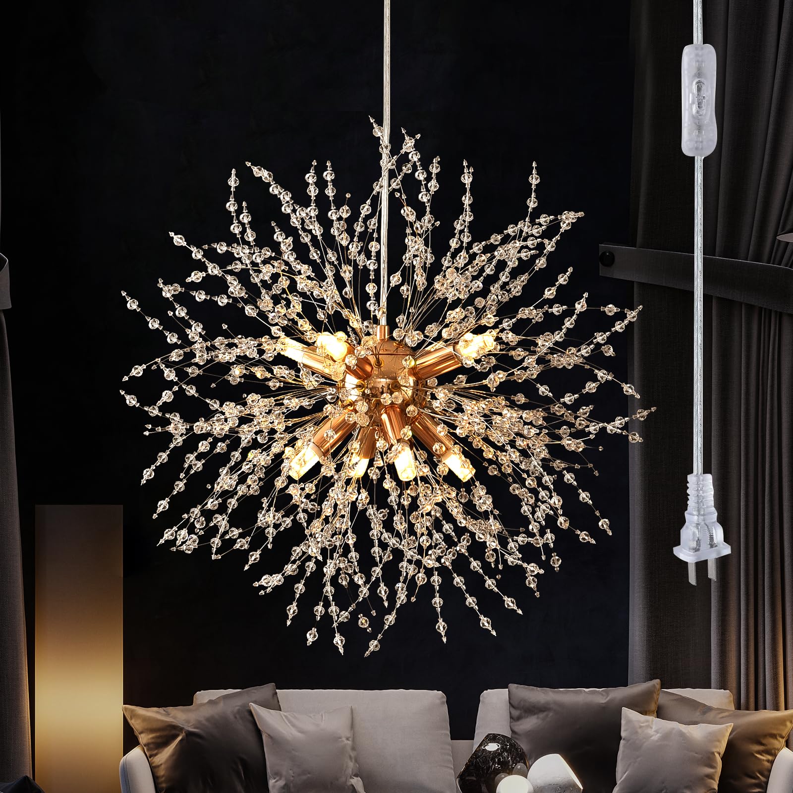 HOXIYA Modern Crystal Chandeliers Firework, Plug in Dandelion Chandelier, Gold Sputnik Pendant Light for Bedroom Foyer Hallway Entryway Kitchen, 8 Light Firework Dandelion Chandelier, G9 Socket