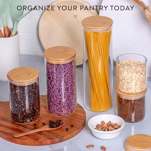 Laramaid Glass Jar Set (3x22oz/3x35oz) Set of 6 with 160 Minimalist Pantry Labels, Round Canister Jars with Bamboo Lids and Transparent Customized Sticker Labels, Food Storage Containers
