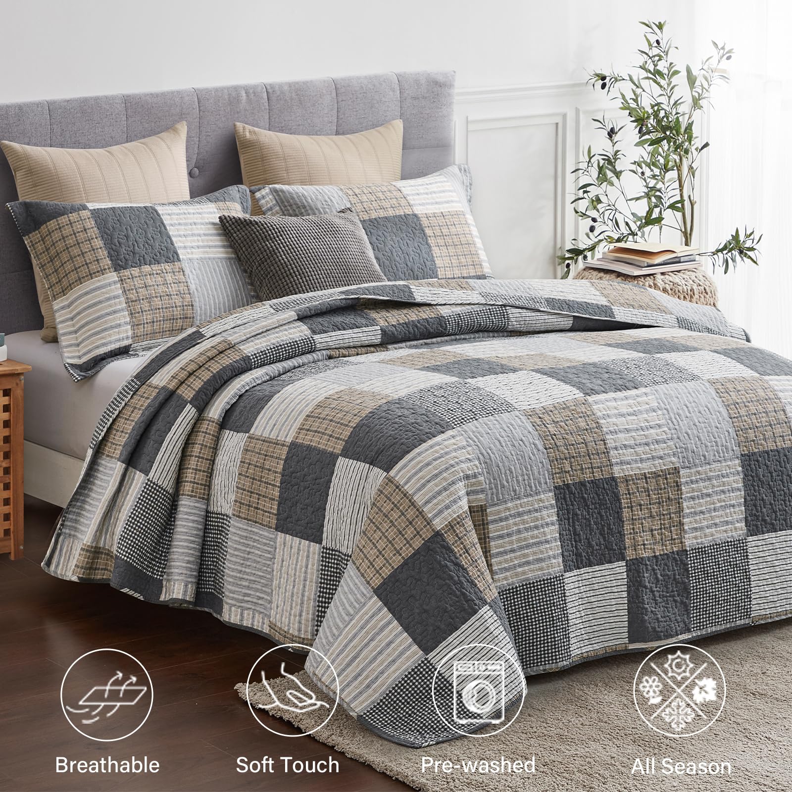 Finlonte King Quilt Bedding Set - 100% Cotton King Size Comforter, Plaid Quilted Bedspread Farmhouse Country Bed Spread, Lightweight Reversible King Quilt Sets All-Season, Gray/Brown/Black/White, 3Pcs