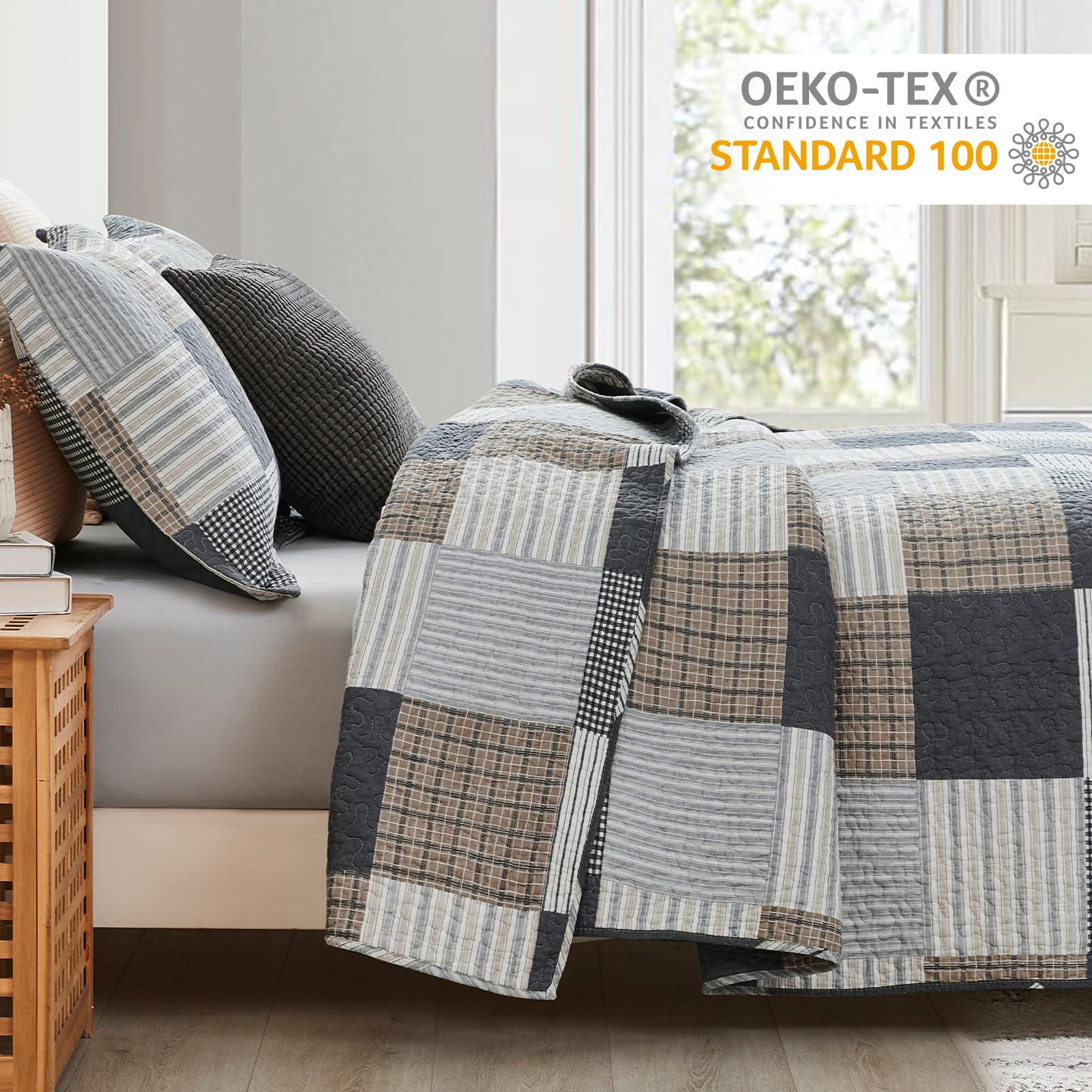 Finlonte King Quilt Bedding Set - 100% Cotton King Size Comforter, Plaid Quilted Bedspread Farmhouse Country Bed Spread, Lightweight Reversible King Quilt Sets All-Season, Gray/Brown/Black/White, 3Pcs
