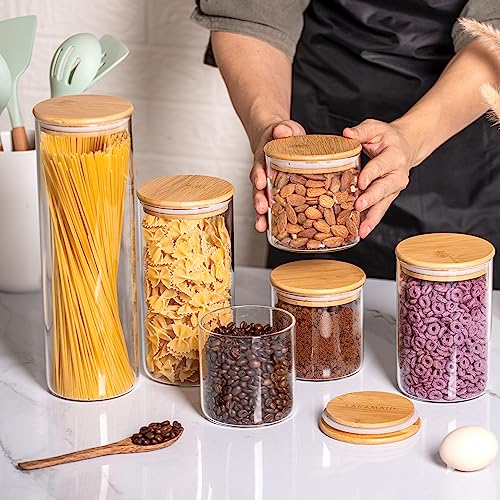 Laramaid Glass Jar Set (3x22oz/3x35oz) Set of 6 with 160 Minimalist Pantry Labels, Round Canister Jars with Bamboo Lids and Transparent Customized Sticker Labels, Food Storage Containers