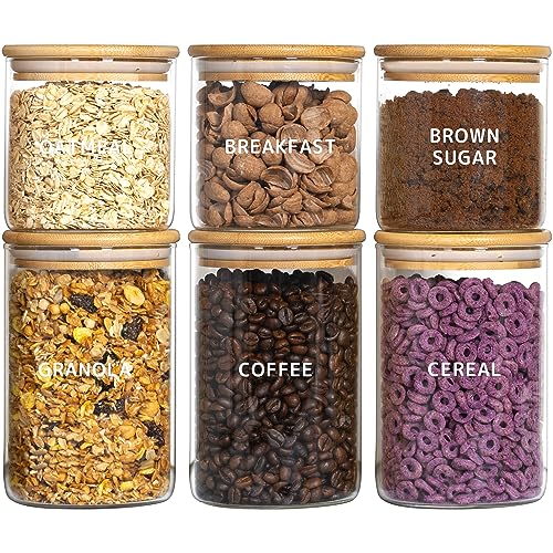 Laramaid Glass Jar Set (3x22oz/3x35oz) Set of 6 with 160 Minimalist Pantry Labels, Round Canister Jars with Bamboo Lids and Transparent Customized Sticker Labels, Food Storage Containers