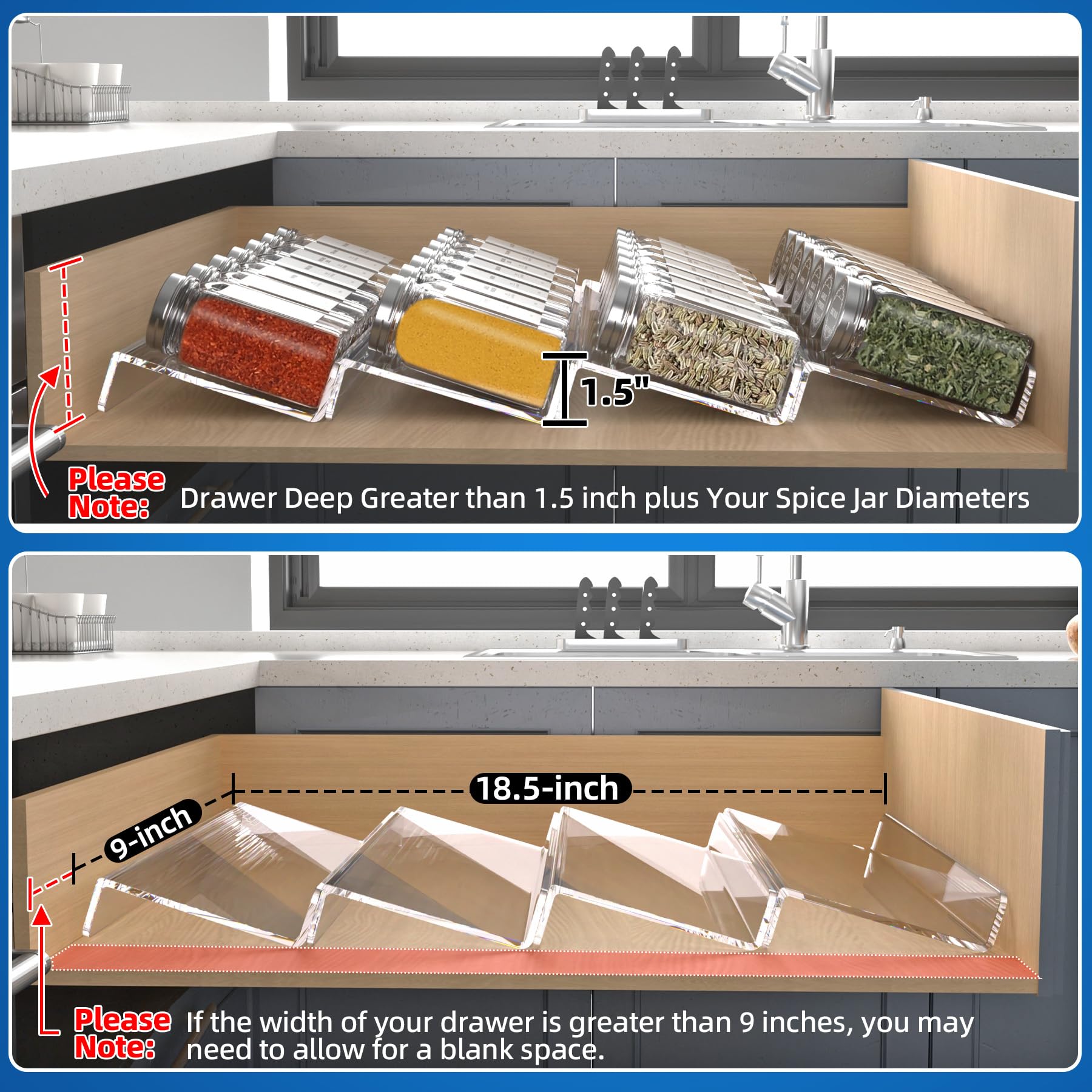 Clear Acrylic Spice Drawer Organizer, 4 Tier- 1 Set Seasoning Jars Drawers Insert, Kitchen Spice Rack Tray for Drawer/Countertop (Jars not included)