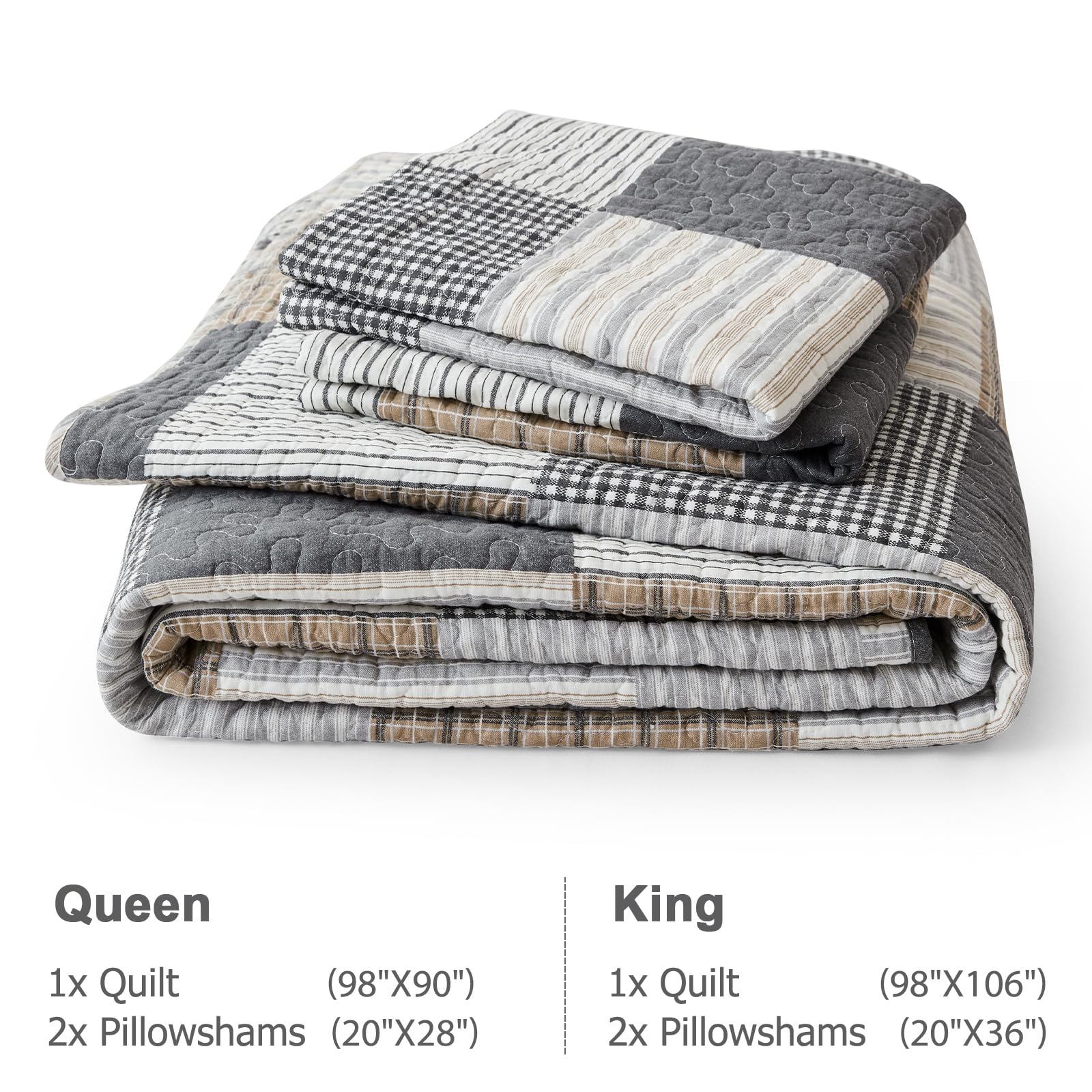 Finlonte King Quilt Bedding Set - 100% Cotton King Size Comforter, Plaid Quilted Bedspread Farmhouse Country Bed Spread, Lightweight Reversible King Quilt Sets All-Season, Gray/Brown/Black/White, 3Pcs