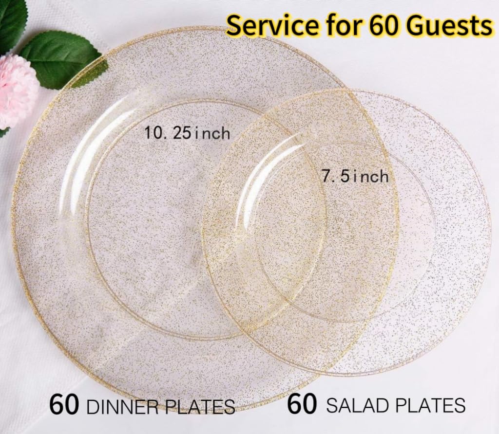 WDF 120PCS Gold Plastic Plates- Disposable Gold Glitter Plates, Premium Heavy Duty 60-10.25" Dinner Plates and 60-7.5" Salad Plates for Parties &Wedding