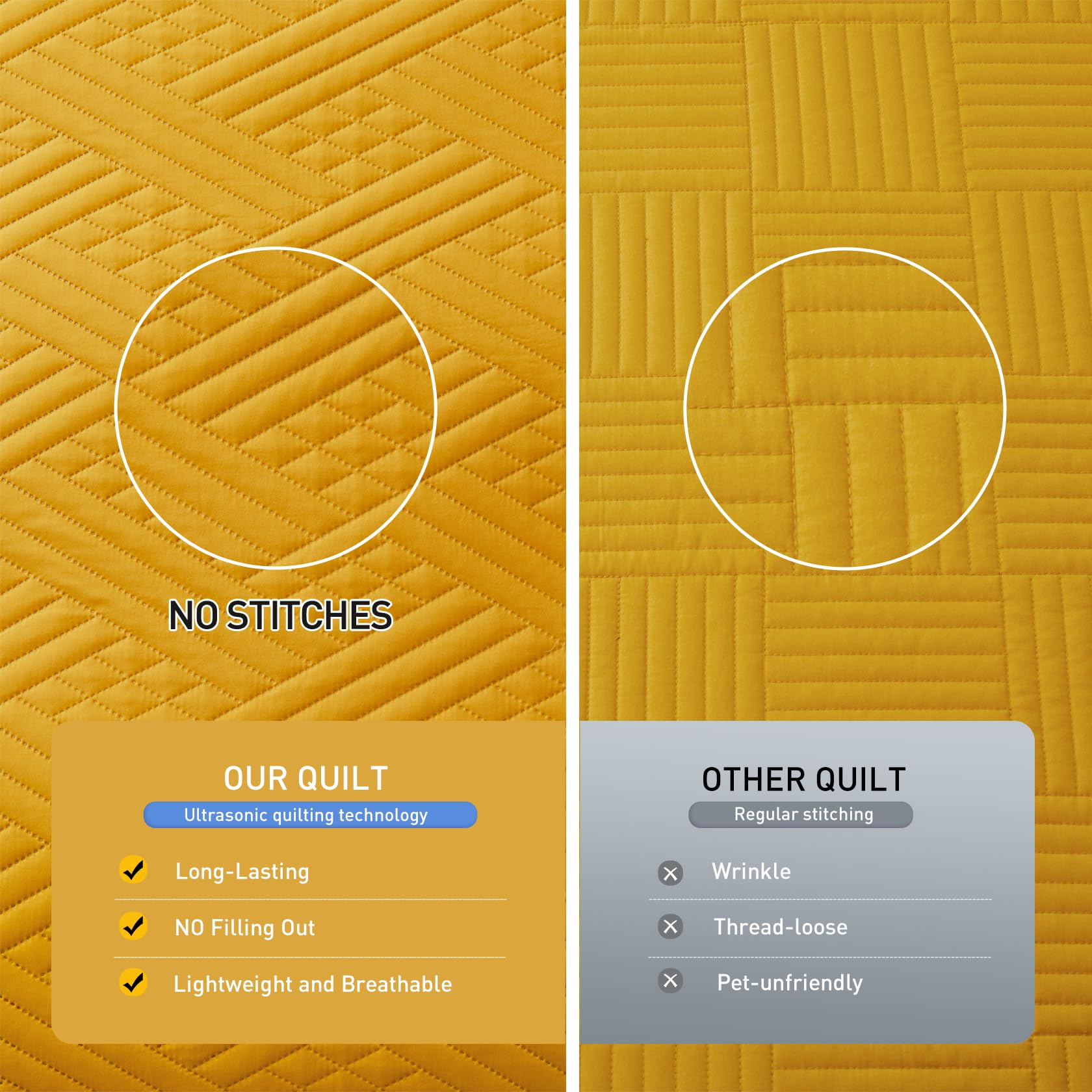 Lavsiry Mustard Yellow Quilt Queen Size with Striped Pattern, Lightweight Soft Summer Thin Microfiber Bedspread & Coverlet Bedding Set for All Seasons - 3 Piece(1 Quilt, 2 Pillow Shams)