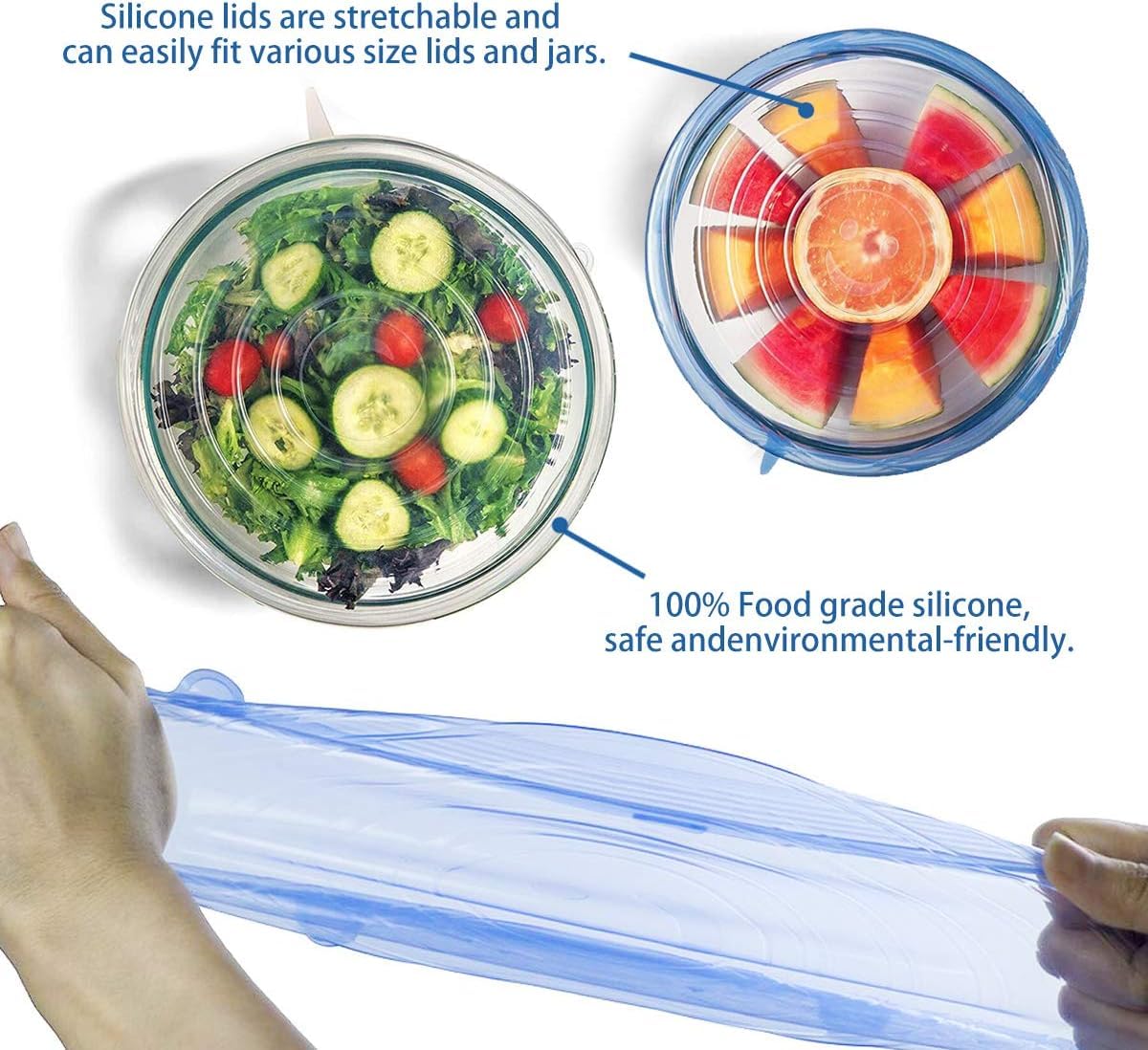 YAZJIWAN Silicone Stretch Lids, Durable & Eco-Friendly Elastic Lids Reusable Heat Resistant Various Sizes Cover for Bowl (Blue+white-12pack)
