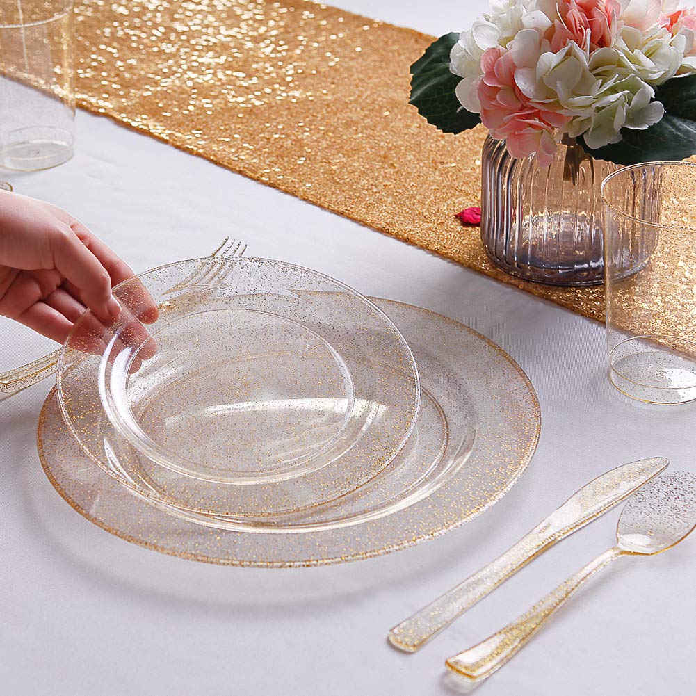 WDF 120PCS Gold Plastic Plates- Disposable Gold Glitter Plates, Premium Heavy Duty 60-10.25" Dinner Plates and 60-7.5" Salad Plates for Parties &Wedding