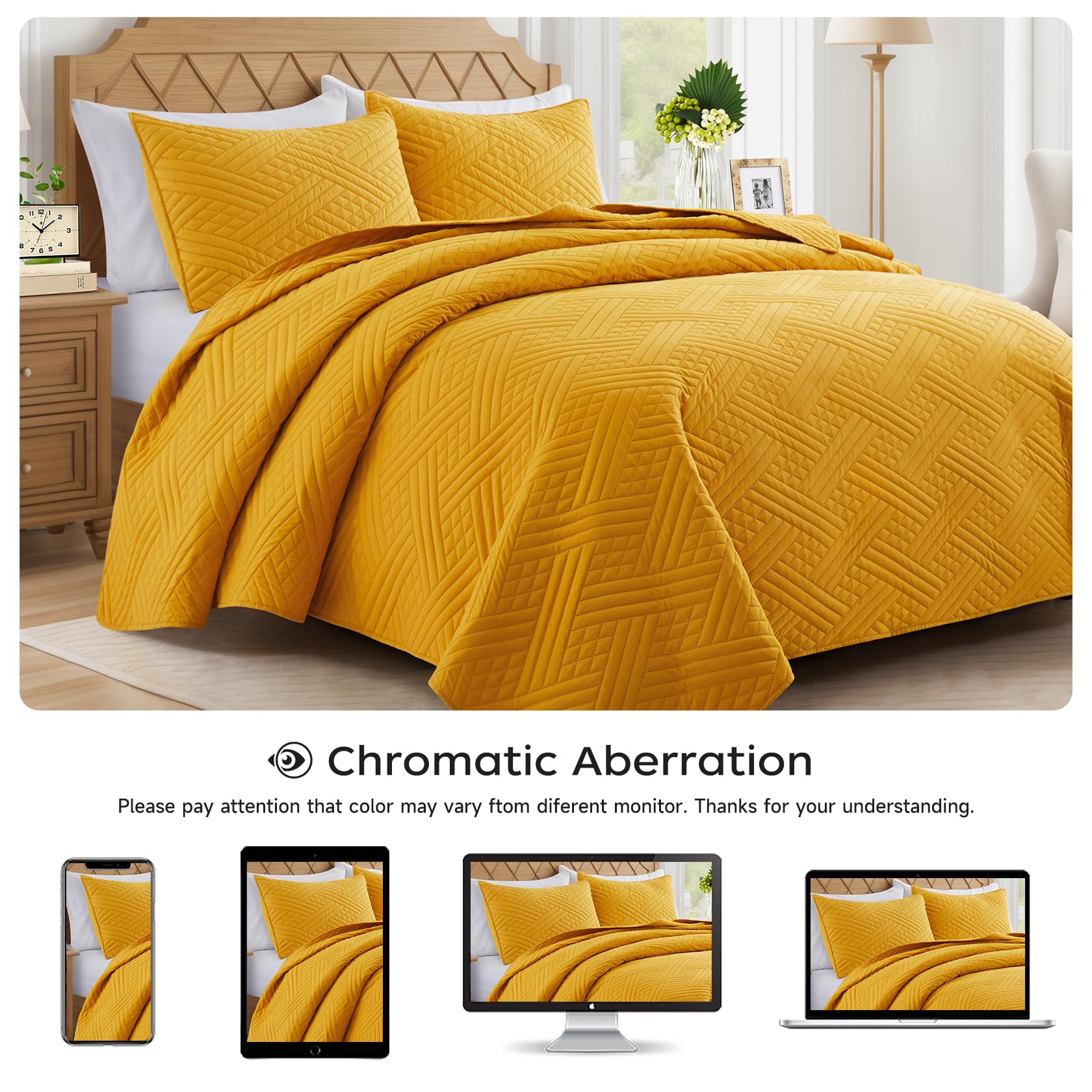Lavsiry Mustard Yellow Quilt Queen Size with Striped Pattern, Lightweight Soft Summer Thin Microfiber Bedspread & Coverlet Bedding Set for All Seasons - 3 Piece(1 Quilt, 2 Pillow Shams)