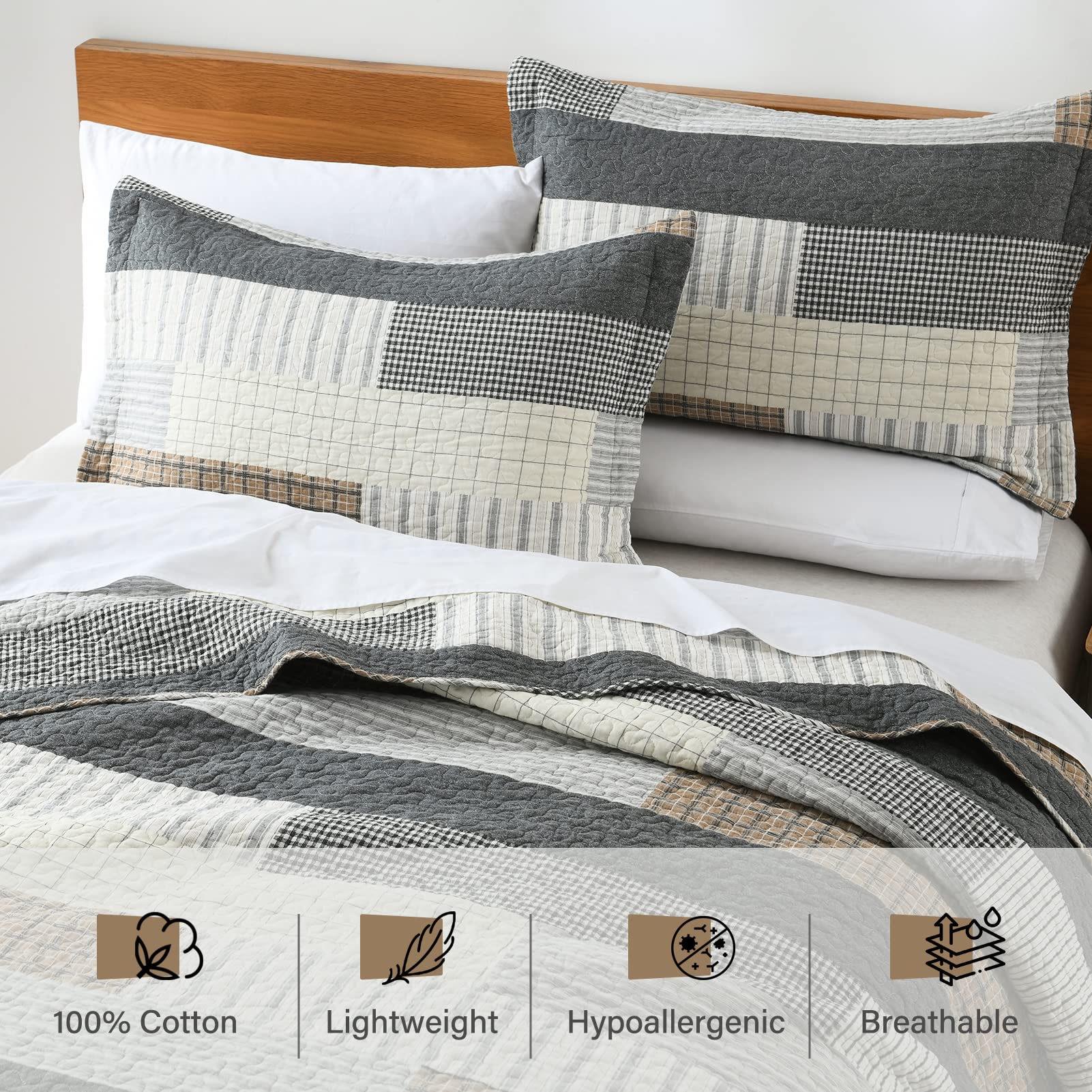 PERHOM Quilt Queen Size - 100% Cotton Farmhouse Rustic Queen Quilt Set, Cabin Bedding Set Bedspreads, Lodge Lightweight Patchwork Plaid Quilted Comforter for Queen Bed, Grey/Brown/Beige