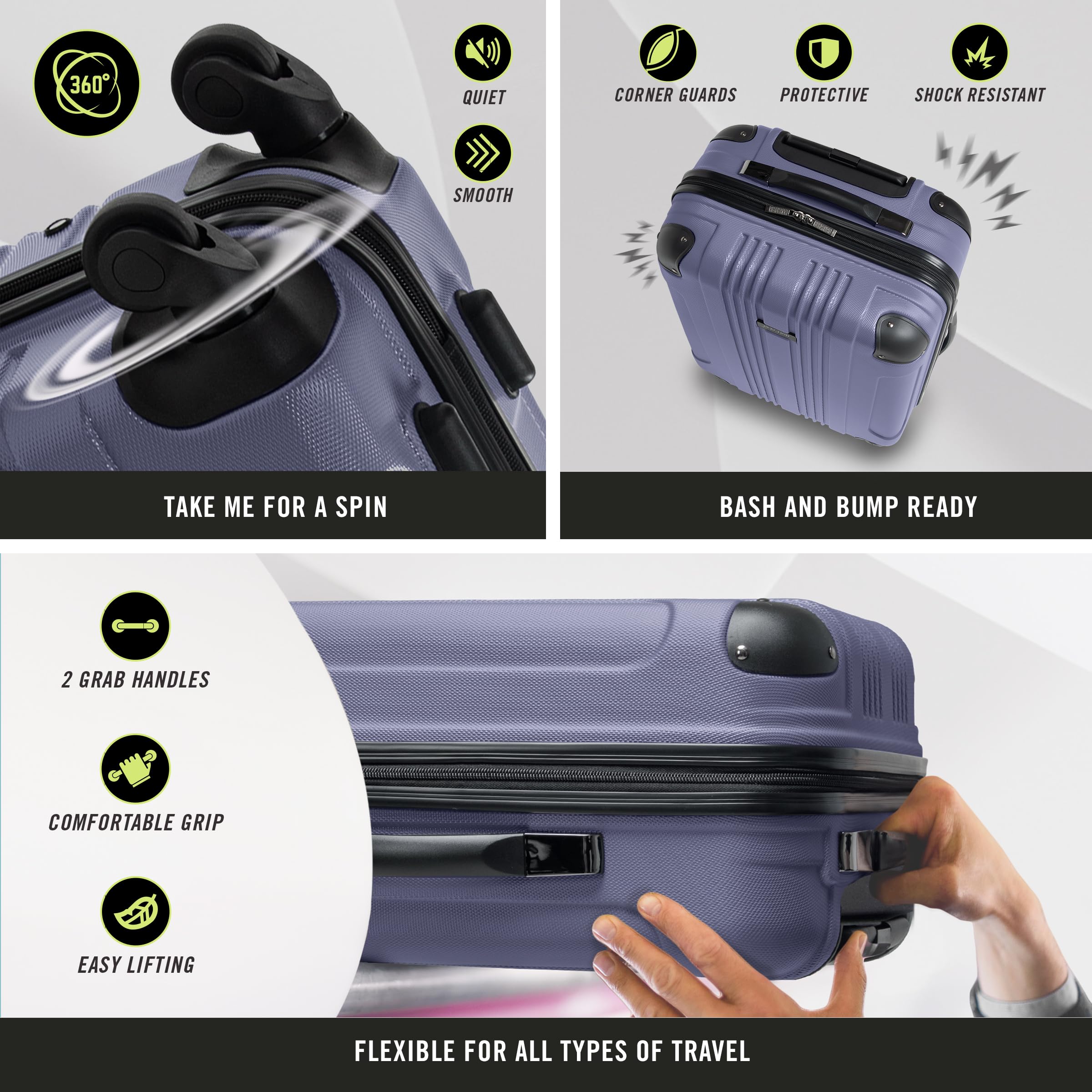 Kenneth Cole REACTION Out of Bounds Lightweight Hardshell 4-Wheel Spinner Luggage, Smokey Purple, 20-Inch Carry On