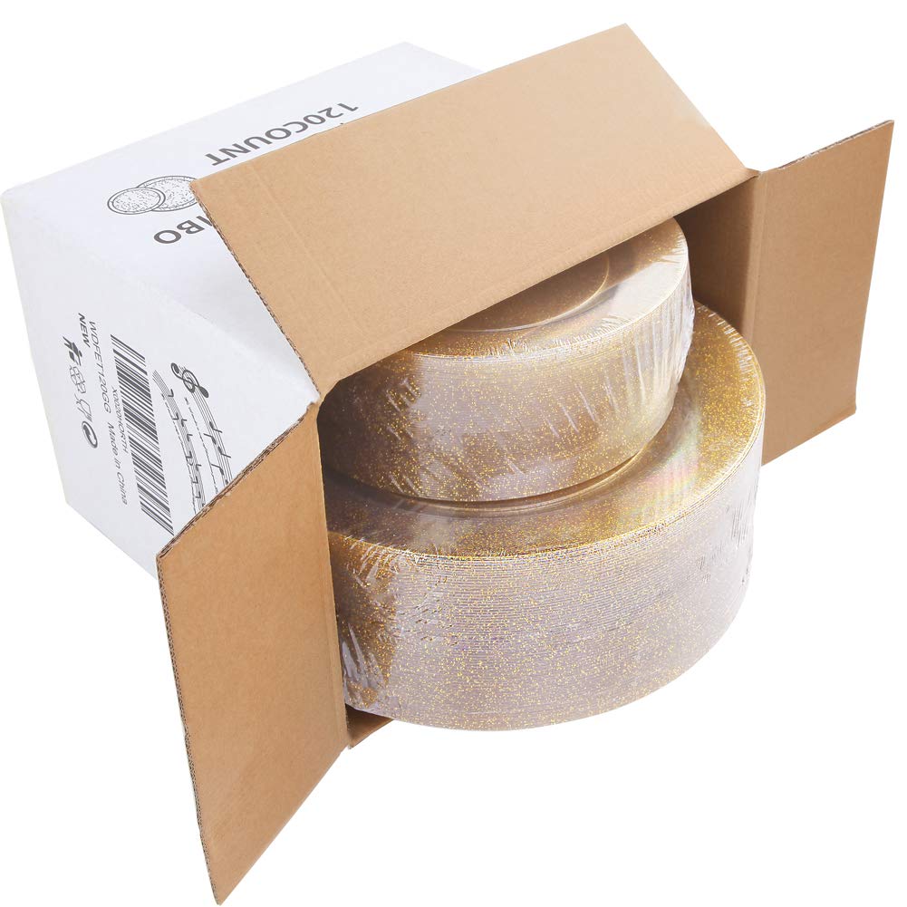 WDF 120PCS Gold Plastic Plates- Disposable Gold Glitter Plates, Premium Heavy Duty 60-10.25" Dinner Plates and 60-7.5" Salad Plates for Parties &Wedding