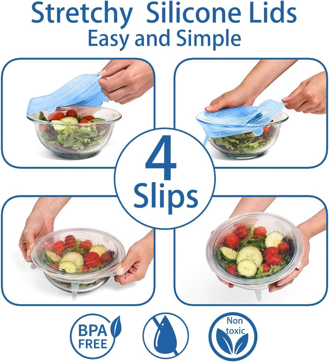 YAZJIWAN Silicone Stretch Lids, Durable & Eco-Friendly Elastic Lids Reusable Heat Resistant Various Sizes Cover for Bowl (Blue+white-12pack)