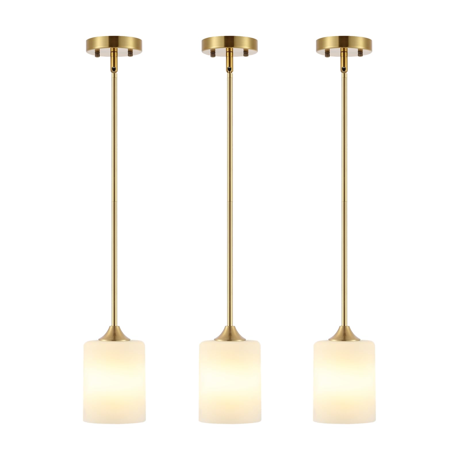 BYOLIIMA Modern Gold Pendant Light 3 Pack Brushed Brass Mid Century Chandelier White Cylinder Glass Shades Adjustable Rods Farmhouse Ceiling Hanging Lighting Fixture Kitchen Island Dining Room Bedroom