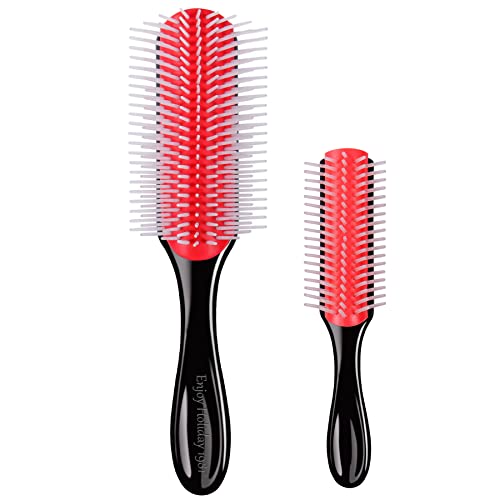 Hair Brush for Women Men Curly Wet or Dry Hair Classic Detangling Brushes 9 Row 5 Row for Natural Thick Hair, Blow Styling Separating, Shaping Defining Curls Tools Travel Bristle Black Hairbrush 2 PCS